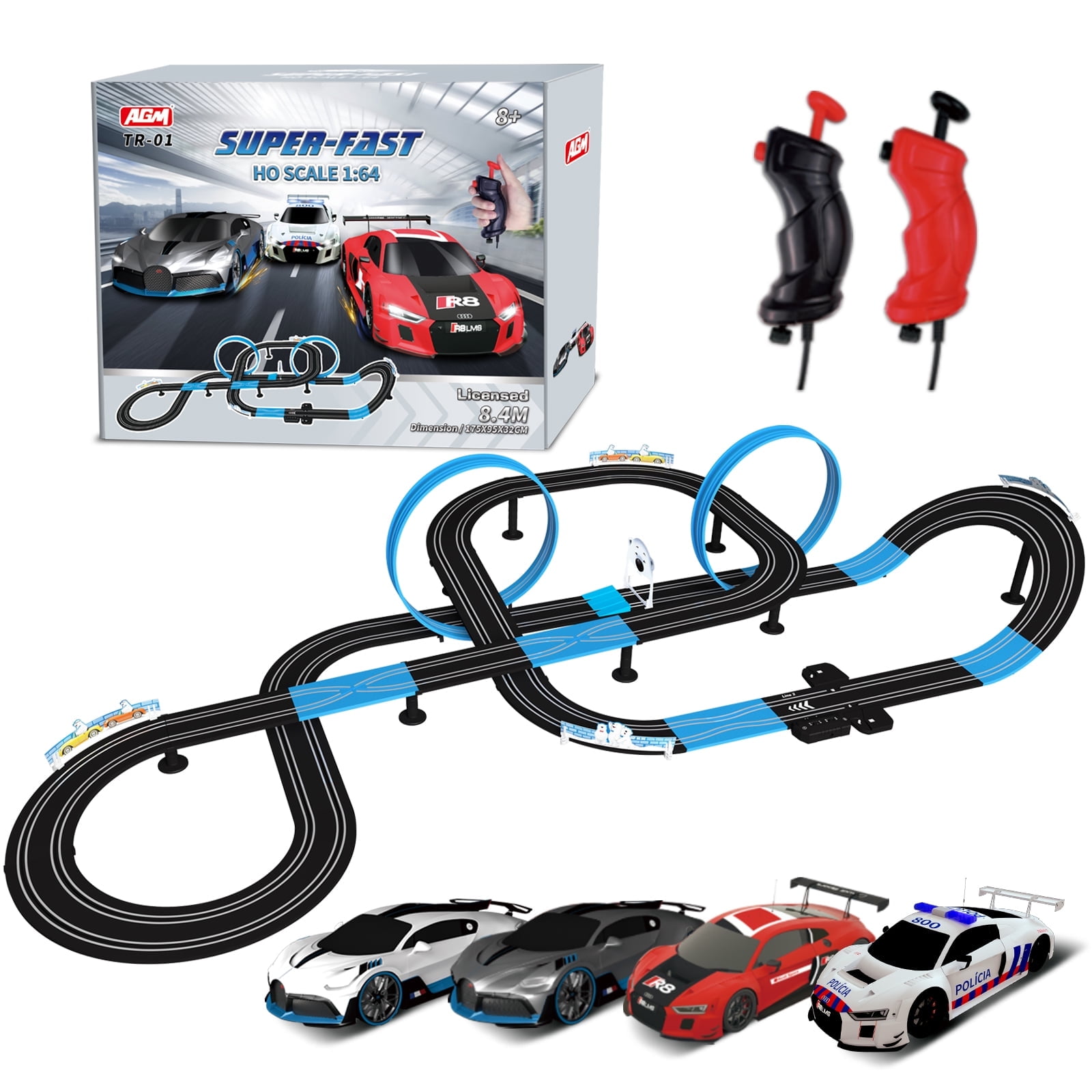 AGM MASTECH High-Speed Slot Car Race Set, 27.7 ft Track, 4 Cars, 2 ...