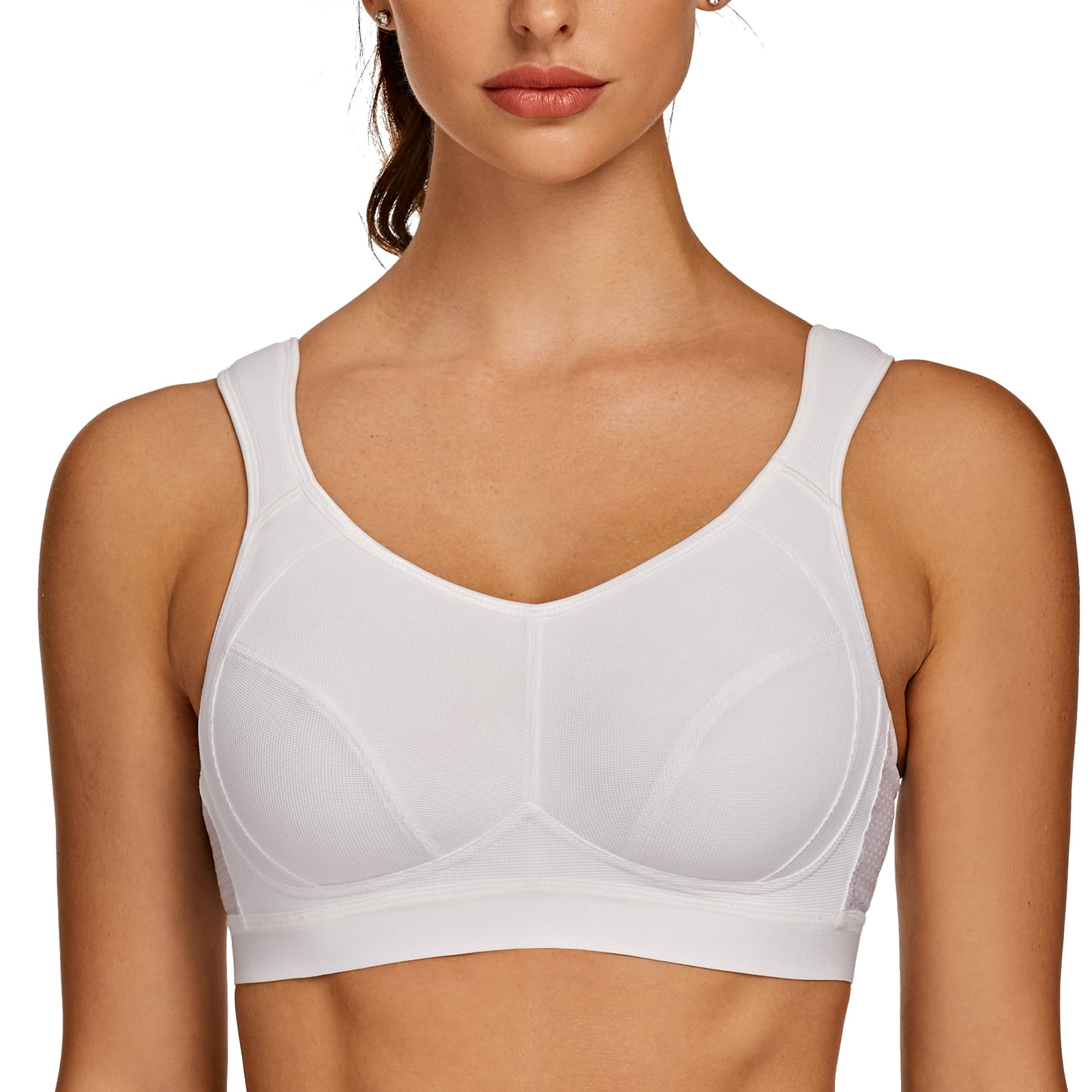 Agonvin Womens High Impact Support Wirefree Bounce Control Plus Size Workout Sports Bra White