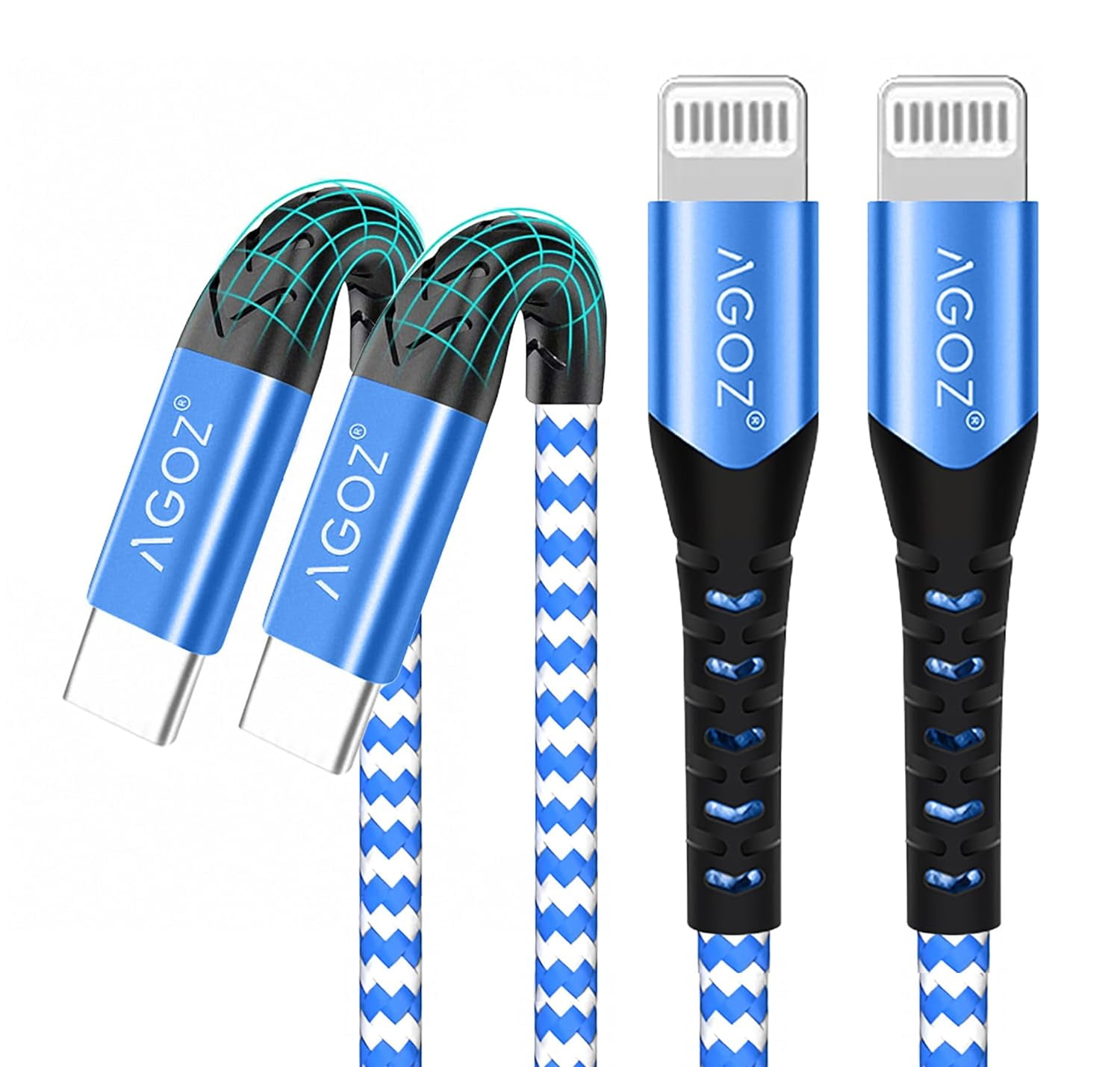 AGOZ 2 Pack 6ft Blue Apple MFI Certified Lightning to USB C Cable ...