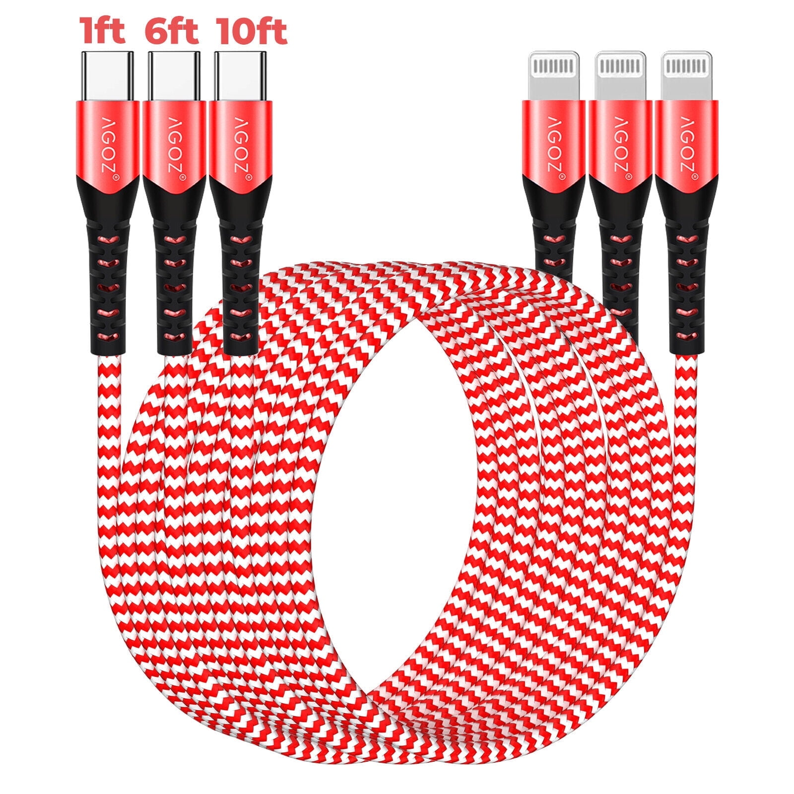 AGOZ 3 Pack 1ft/6ft/10ft Red Apple MFI Certified Lightning to USB C Cable, Braided Fast Charger ...