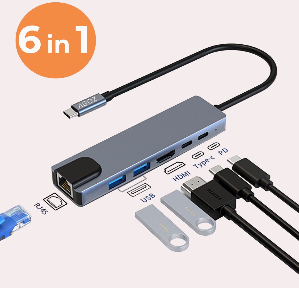 AGOZ USB C Hub with Ethernet, 6-in-1 USB C Adapter Multiport with 4K ...