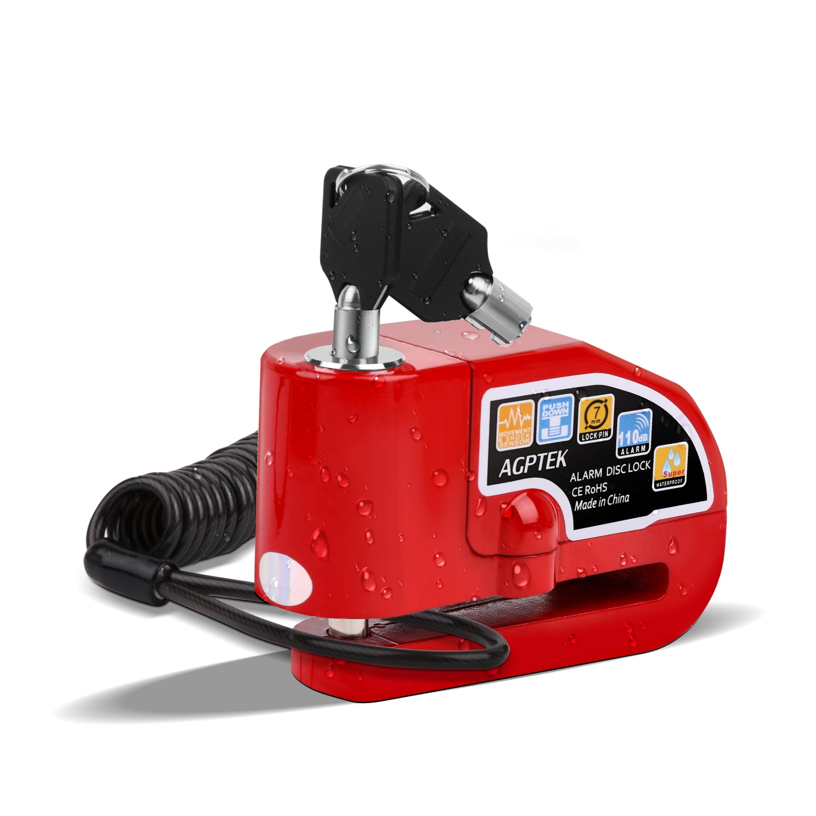 AGPTEK Bike Lock, Disc Lock Alarm, 110dB Anti-Theft, 5FT Reminder Cable ...