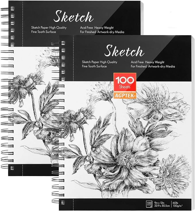 AGPTEK Sketch Book, Art Sketch Book 9''X12", 2 Packs (68lb/100g ...
