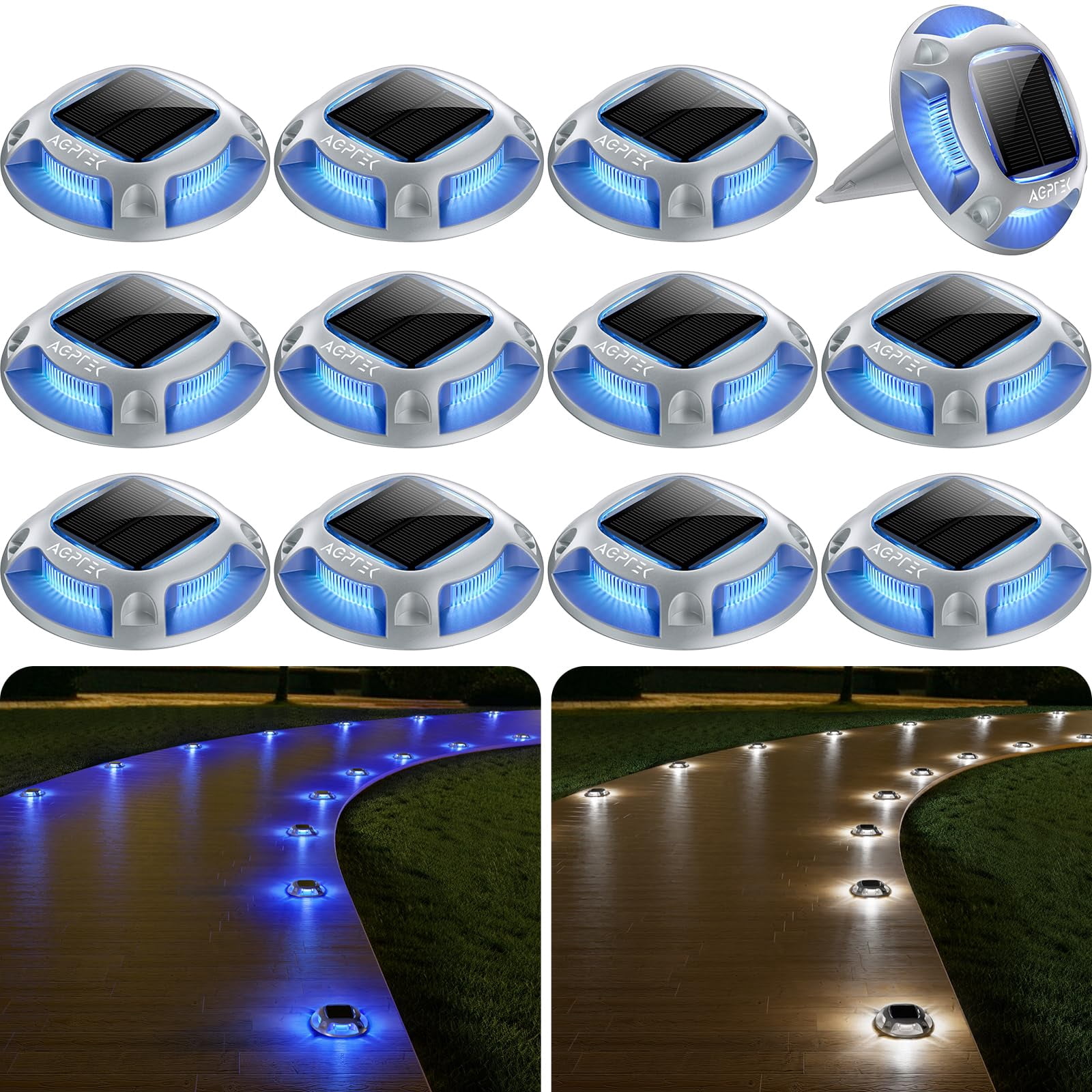 AGPTEK Solar Driveway Lights SSF20 12 Pack, 2 1 Outdoor Solar Deck Dock ...