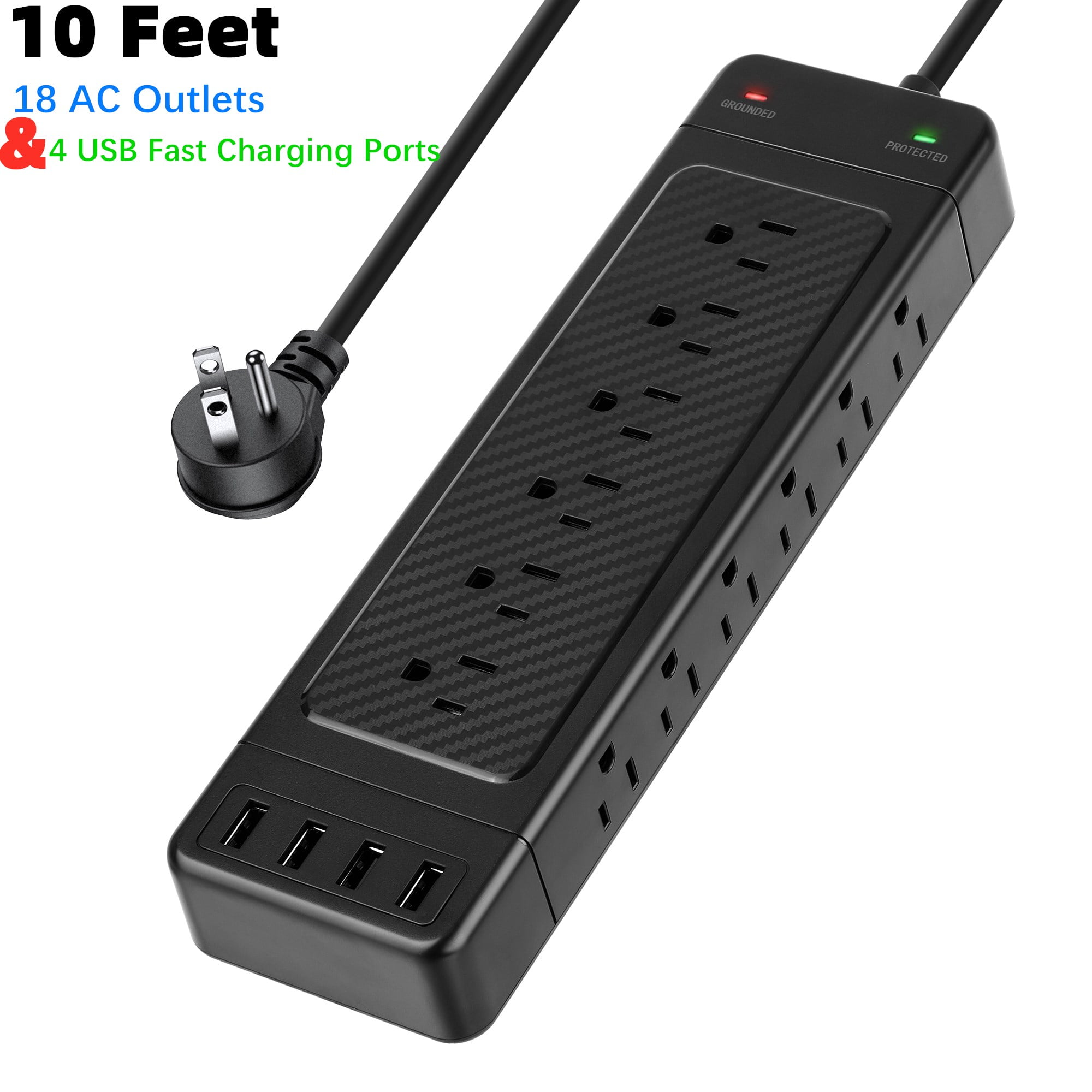 AGPtek 18-Outlet Surge Protector Power Strip with 4 USB Ports, 10ft ...