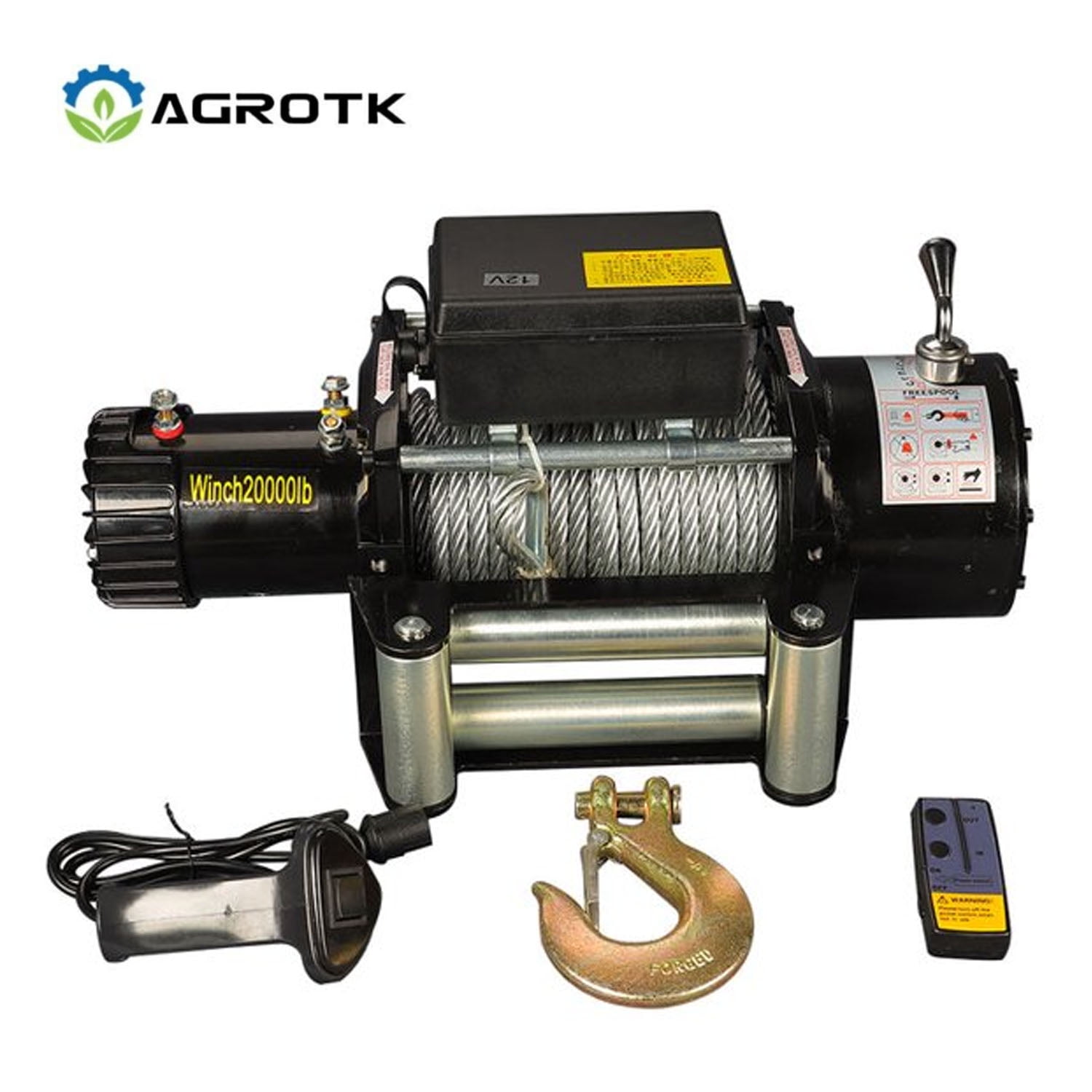 AGROTK 12V 20,000 lb Electric Winch With Wire Rope | AGT-2000EW ...
