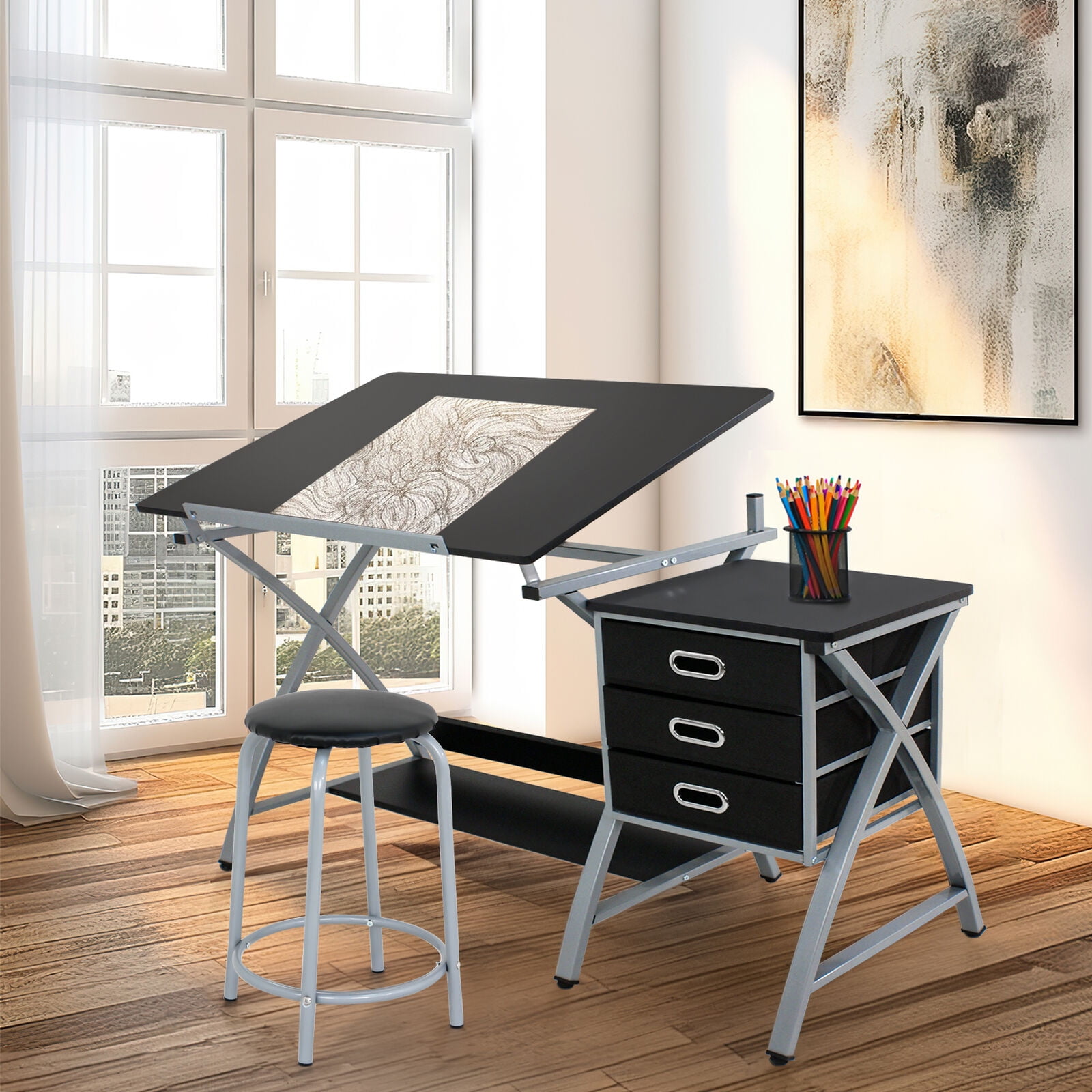 AGRTY Adjustable Drafting Table with Tilting Desktop, Stool & 3 Storage ...