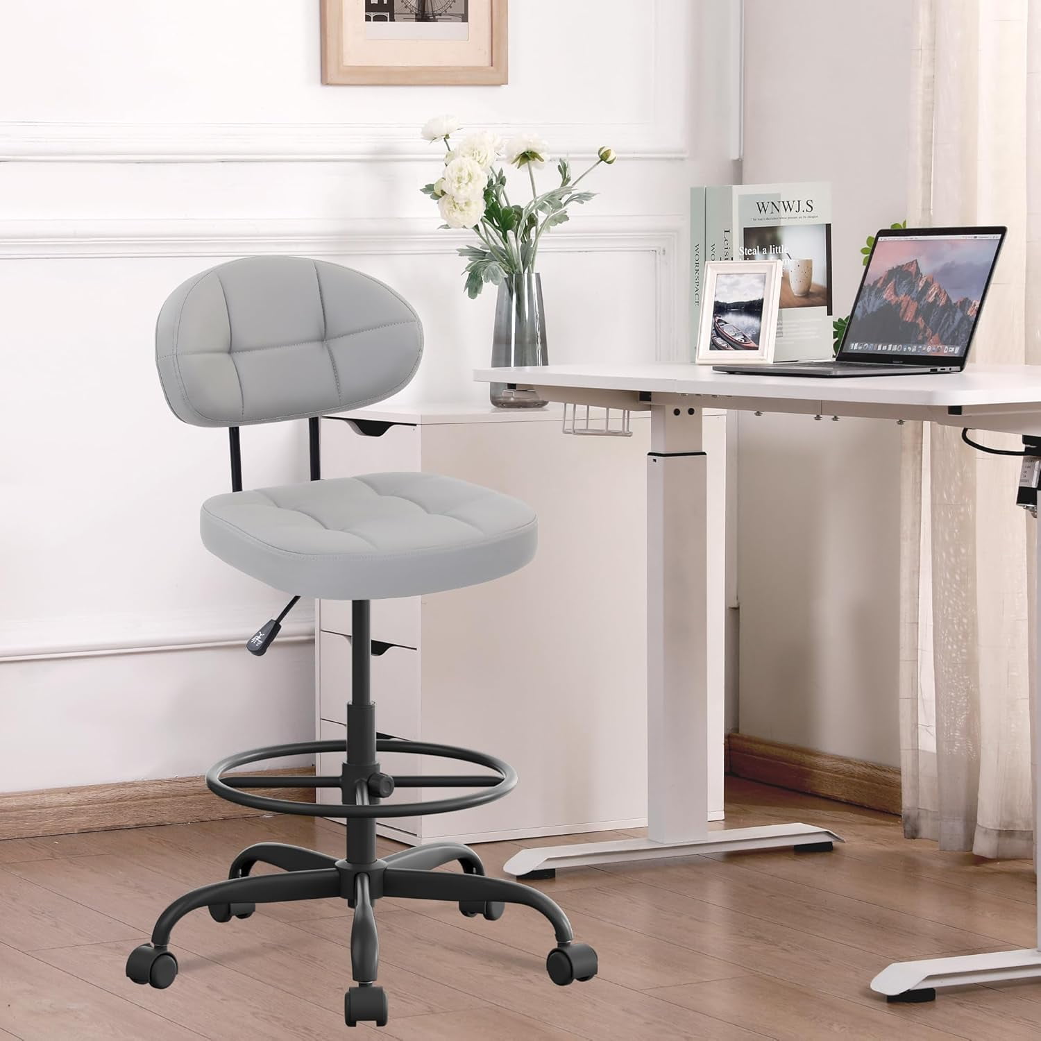 AGRTY Armless Drafting Chair with Footrest Ring, Faux Leather Tall ...
