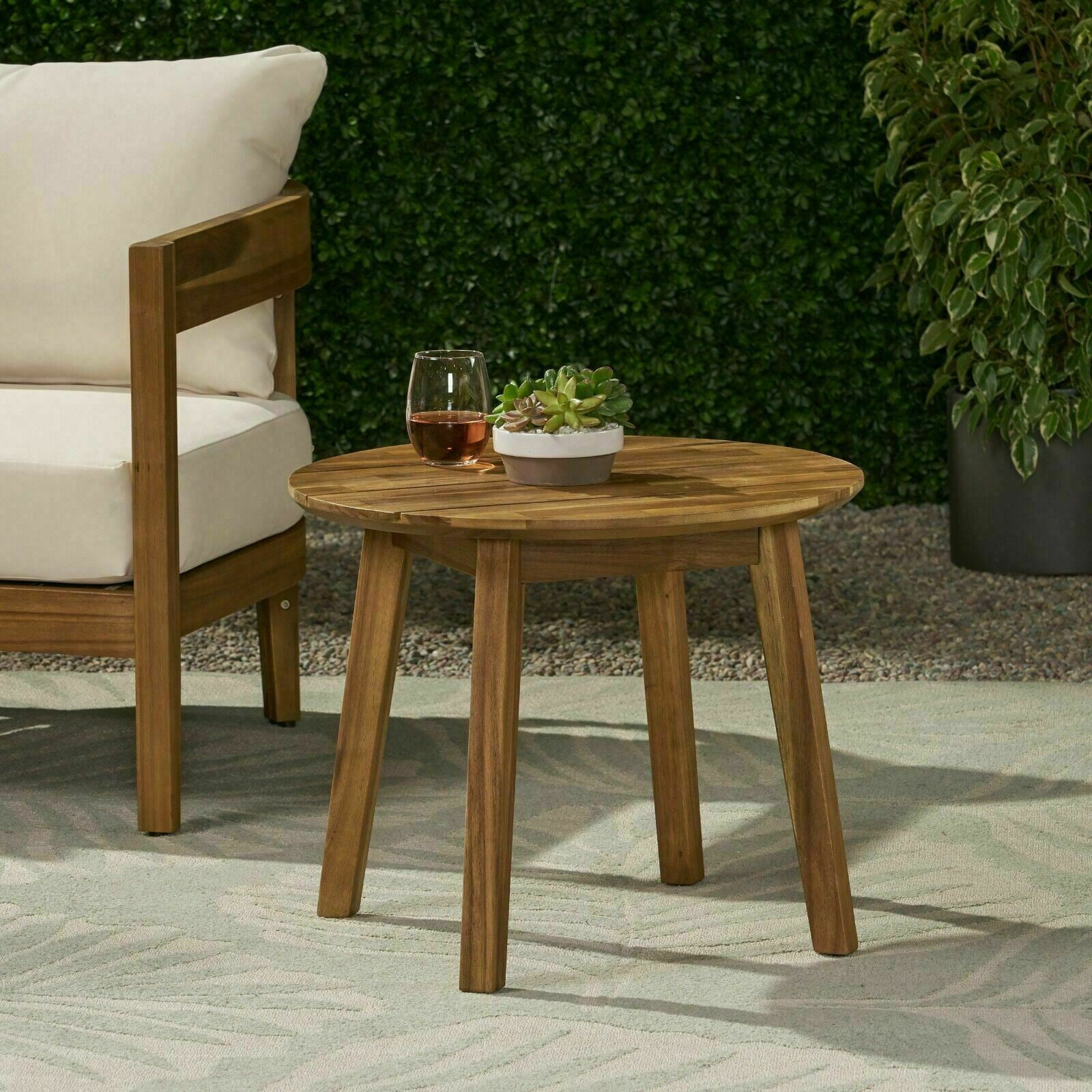AGRTY Outdoor Acacia Wood Circular Side Table with Slatted Teak Finish ...