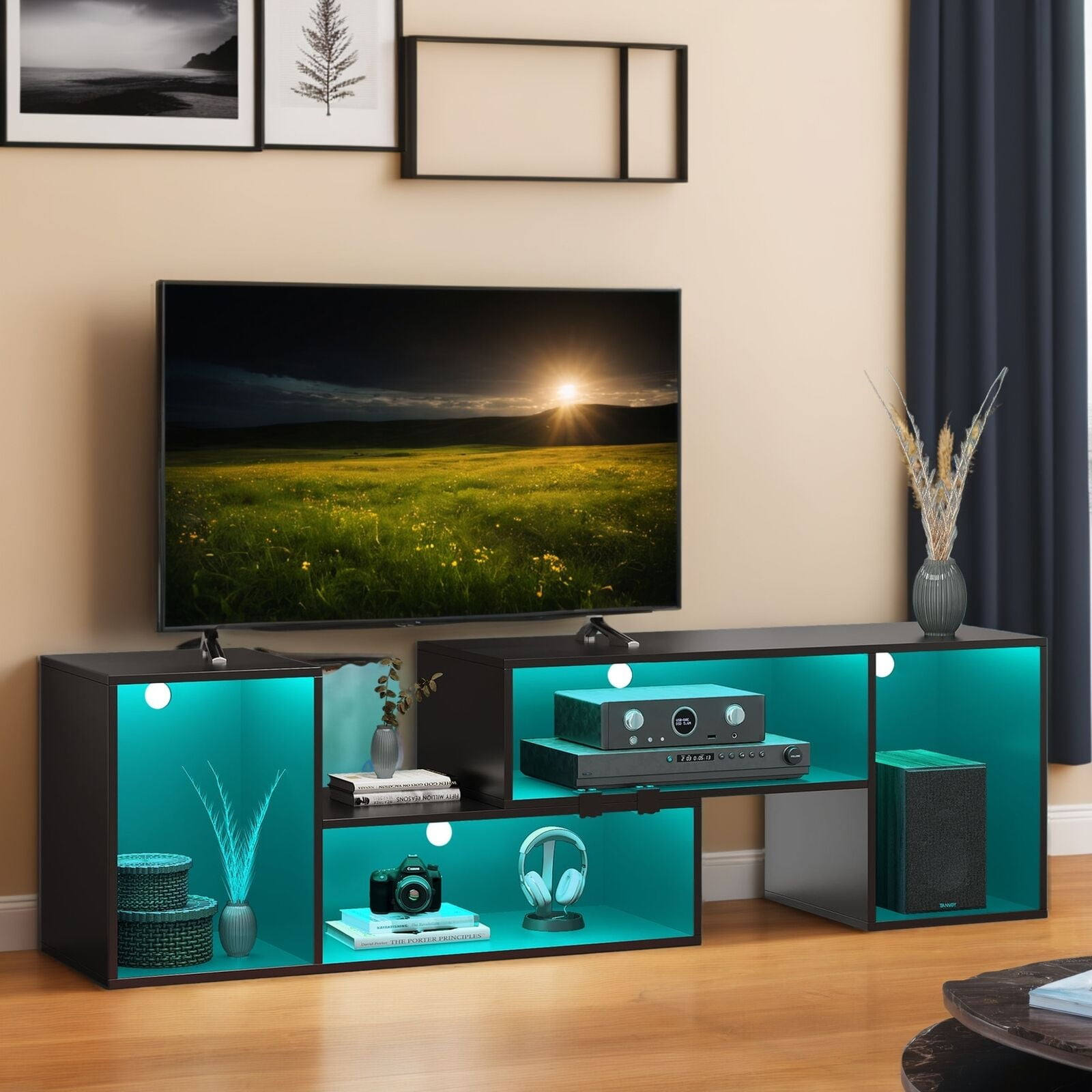 AGRTYMulti functional transformable TV cabinet with LED lighting ...