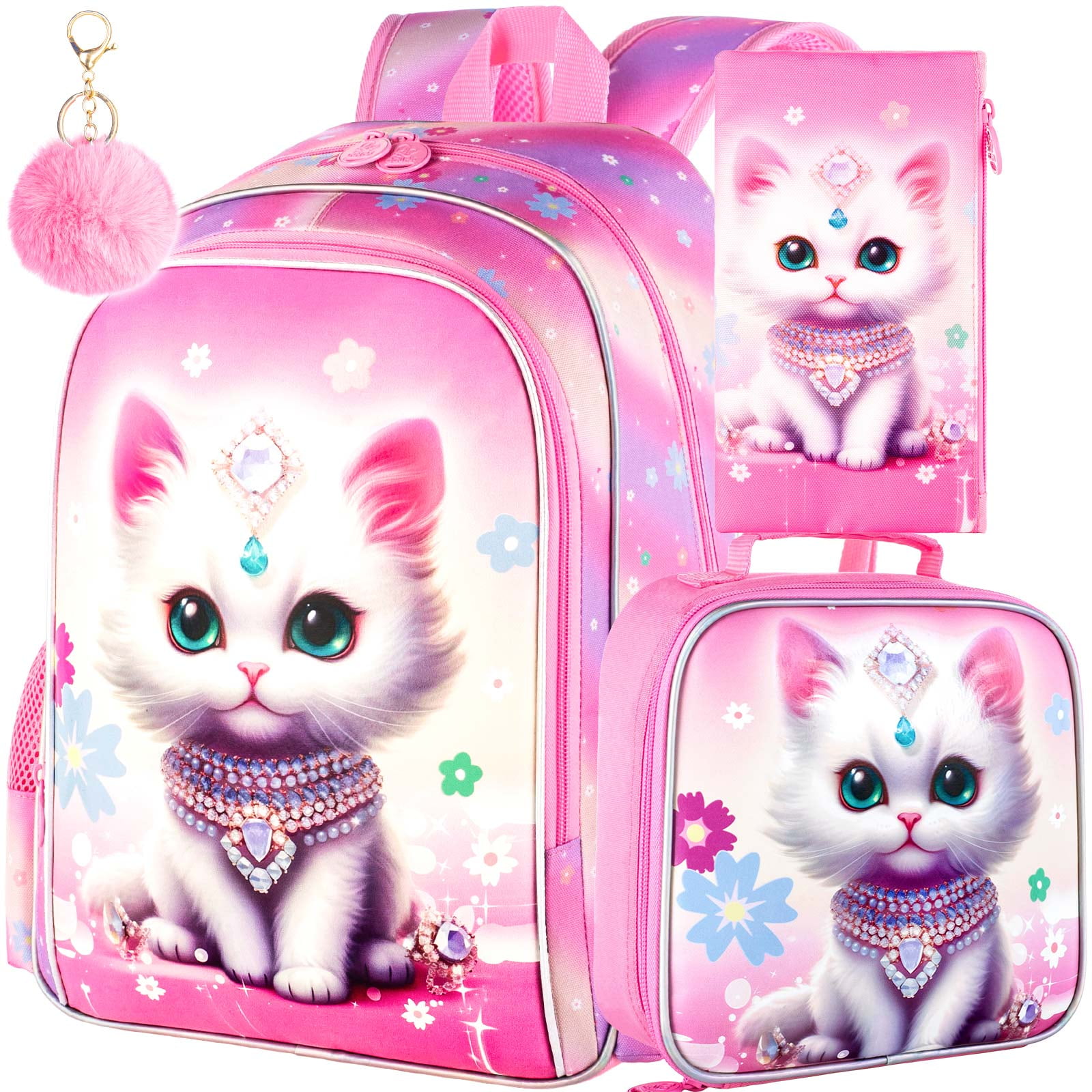 AGSDON 3PCS Cat Backpack for Kids, 16" Girls Bookbag with Lunch Box ...