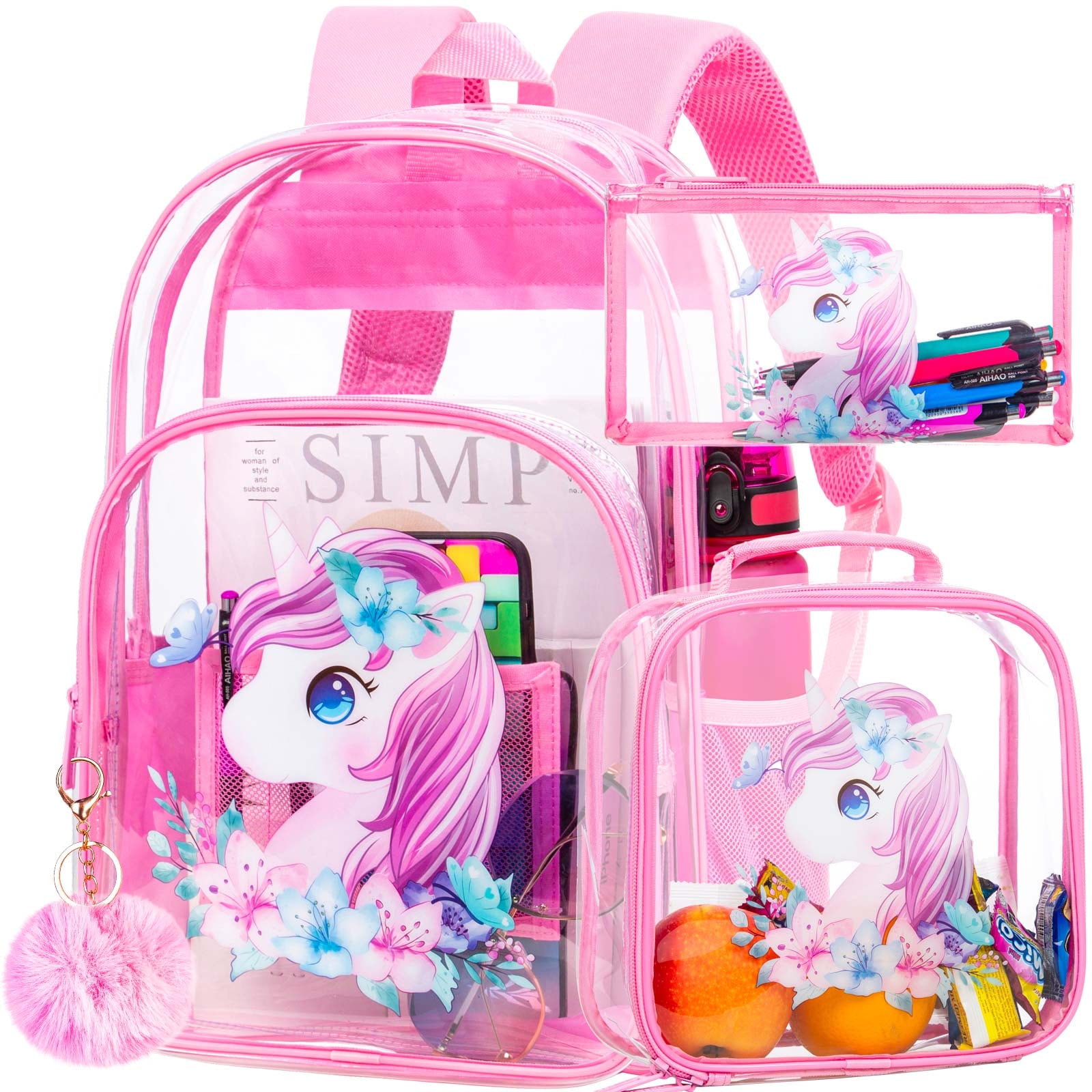 AGSDON 3PCS Clear Backpack for Girls, Pink Unicorn Transparent Bookbag ...