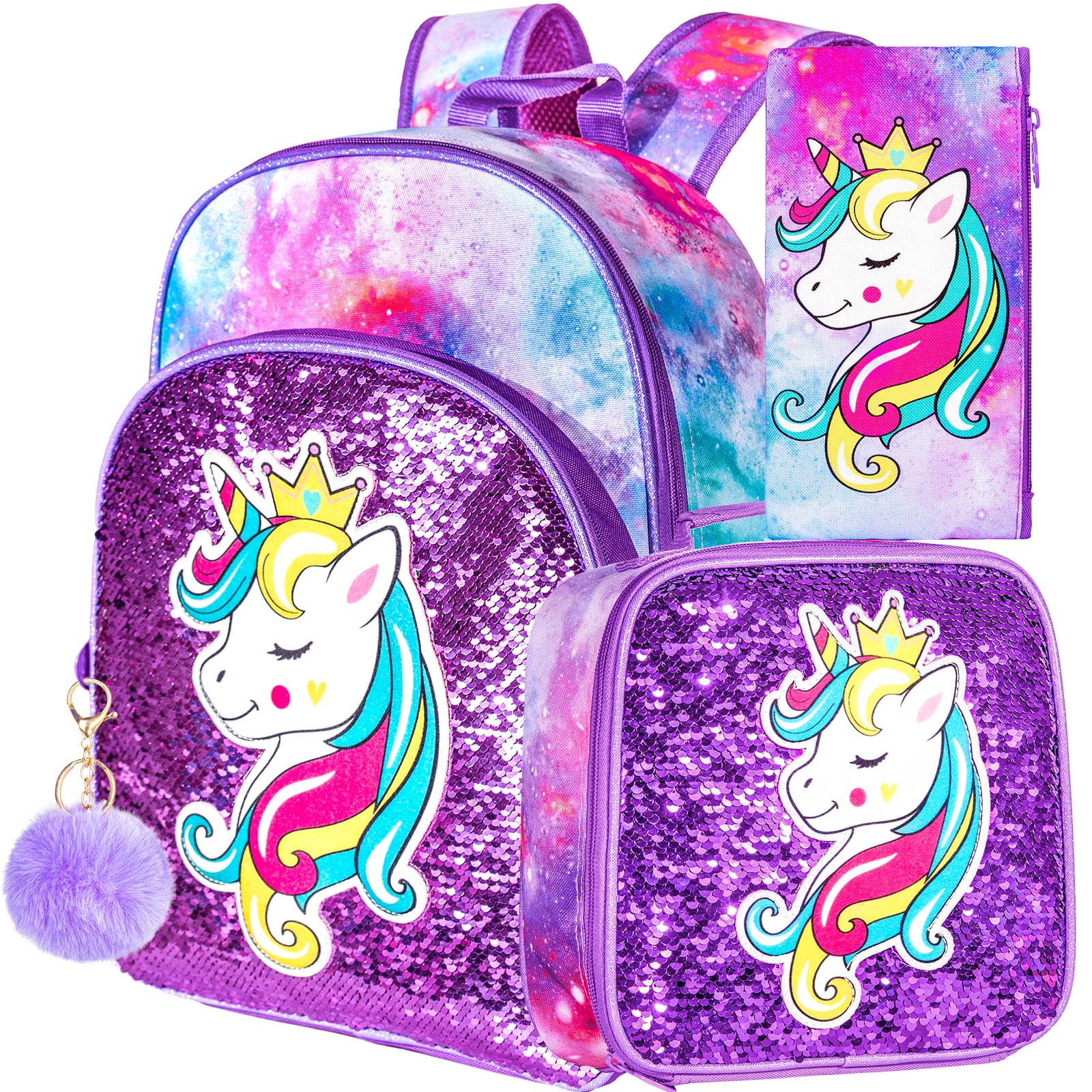 AGSDON 3PCS Girls Backpack, 16" Kids Sequins Unicorn Bookbag with Lunch ...