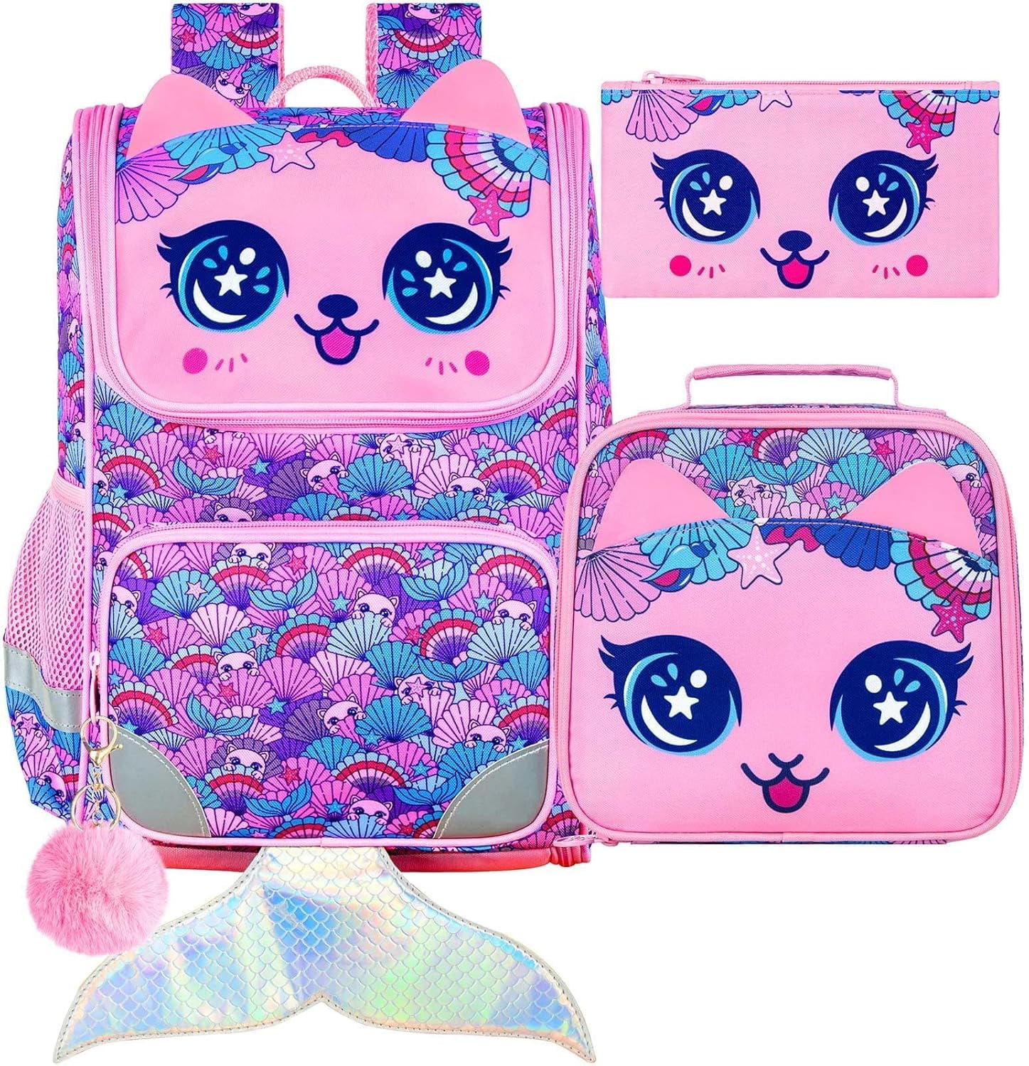 AGSDON 3PCS Girls Bookbag, 15" Sequin Bookbag with Lunch Box, Mermaid ...