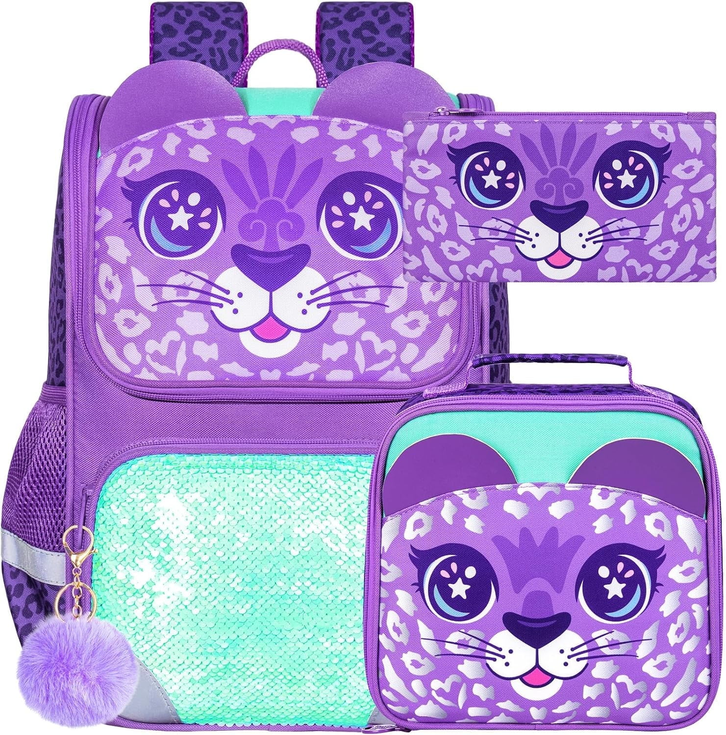 AGSDON 3PCS Kids Backpack for Girls, 15" Sequin Bookbag with Lunch Box ...