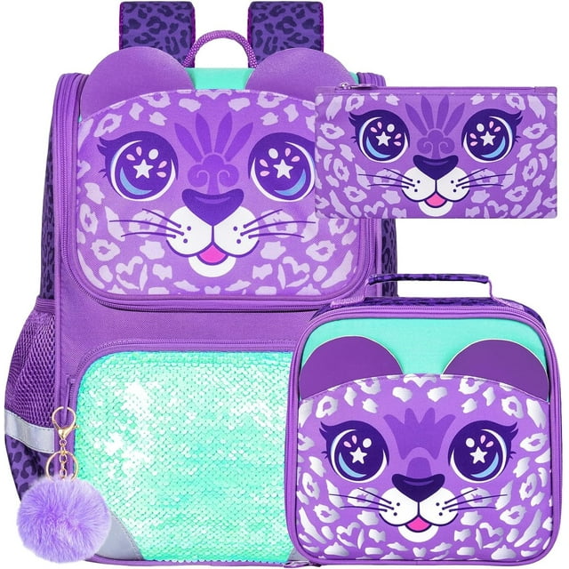 AGSDON 3PCS Kids Backpack for Girls, 15" Sequin Bookbag with Lunch Box ...