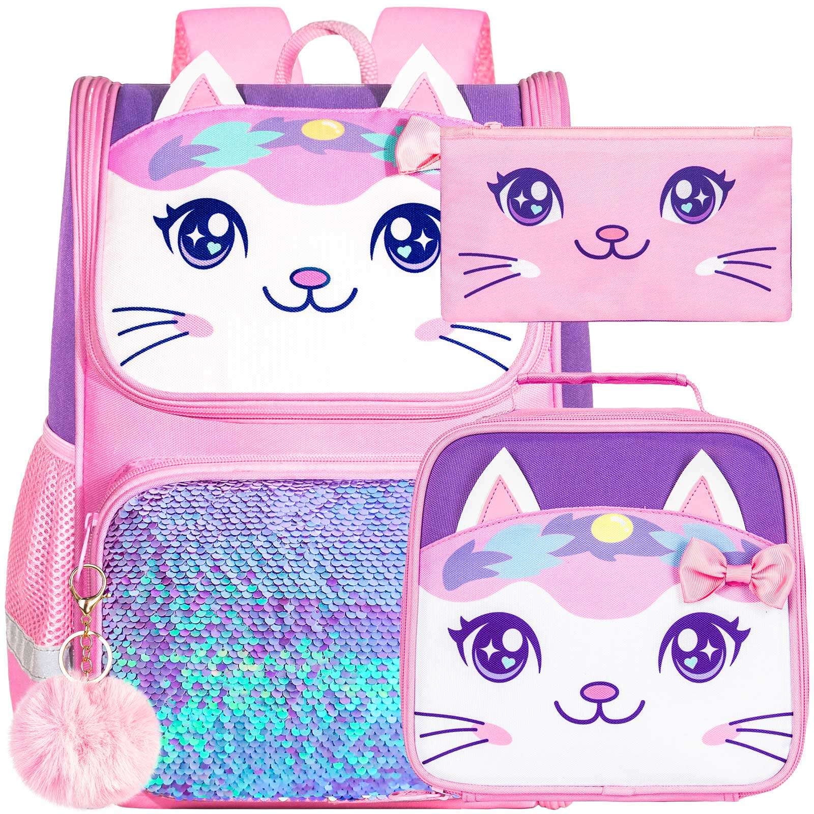 AGSDON 3PCS Kids Cat Backpack for Girls, 15" Sequin Bookbag with Lunch ...