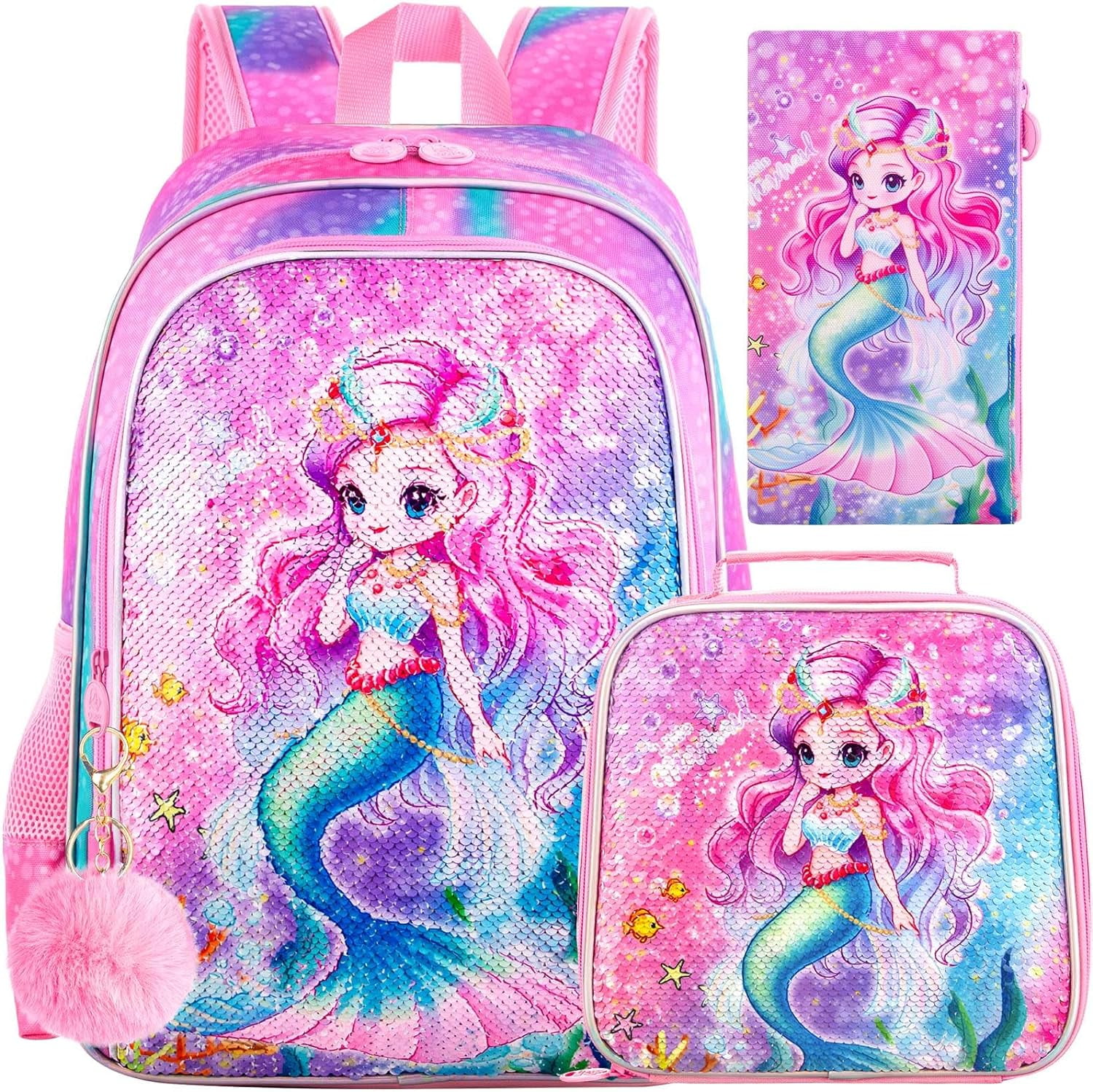 AGSDON 3PCS Mermaid Backpack for Girls, 16" Kids Sequin Bookbag with ...