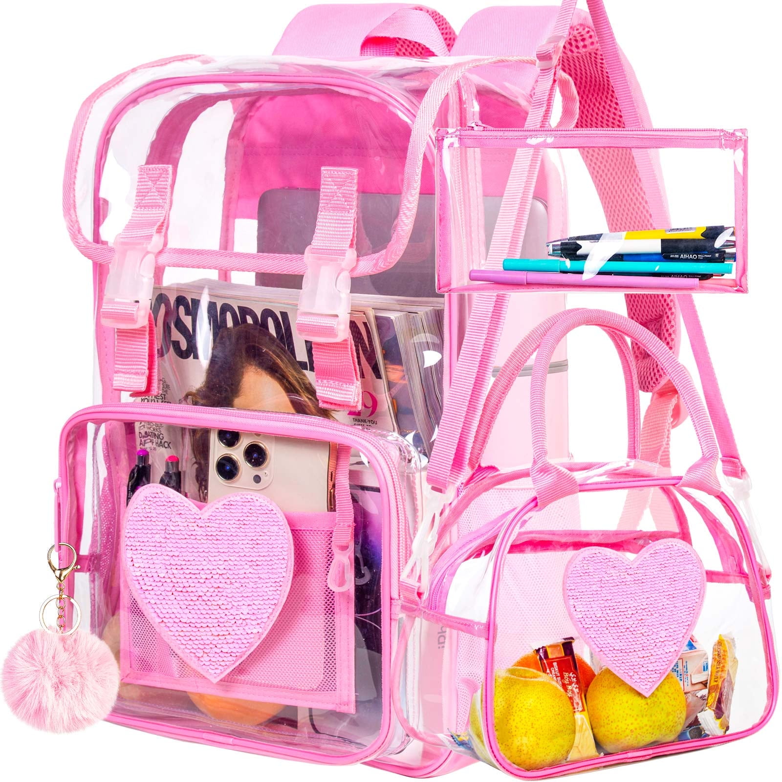 AGSDON 3PCS Pink Clear Backpack, Heavy Duty Transparent Bookbag for ...