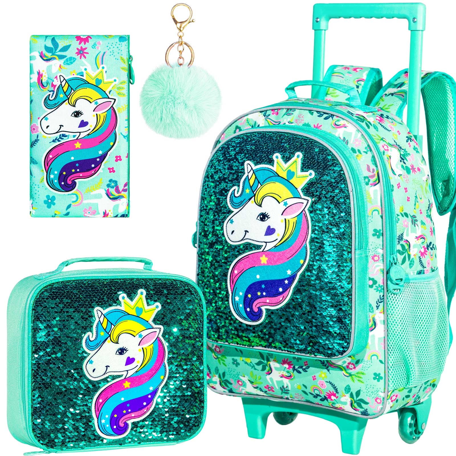 AGSDON 3PCS Rolling Backpack for Girls, Kids Roller Wheels Bookbag ...