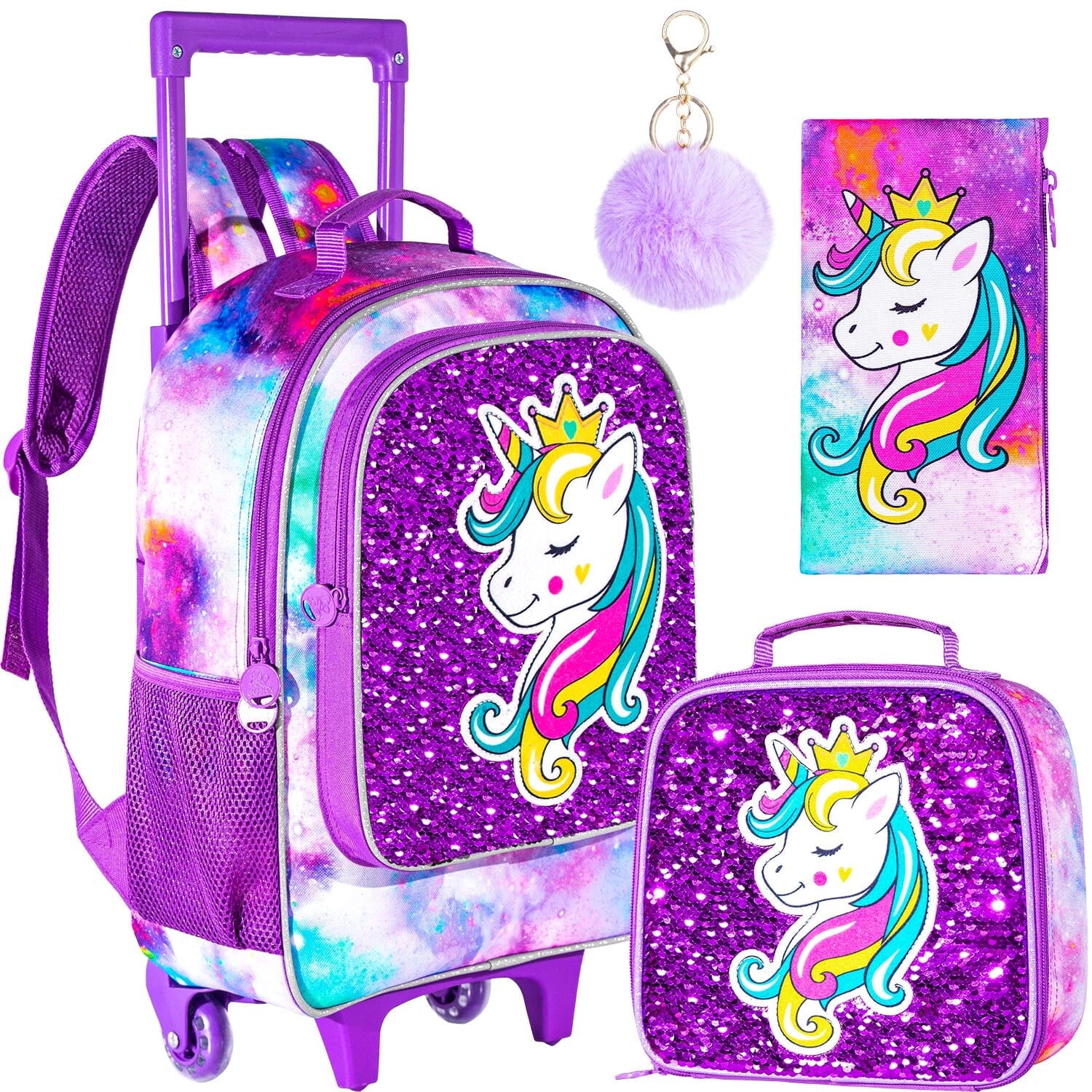 AGSDON 3PCS Rolling Backpack for Girls, Kids Unicorn Roller Bookbag ...
