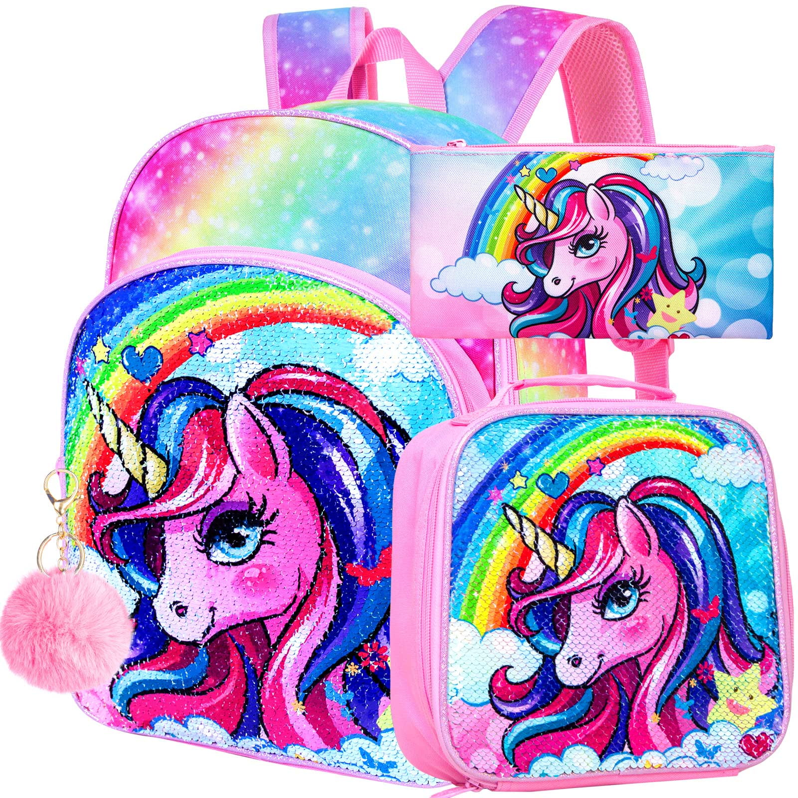 AGSDON 3PCS Unicorn Backpack, 16" Girls Rainbow Sequins Kids Bookbag ...