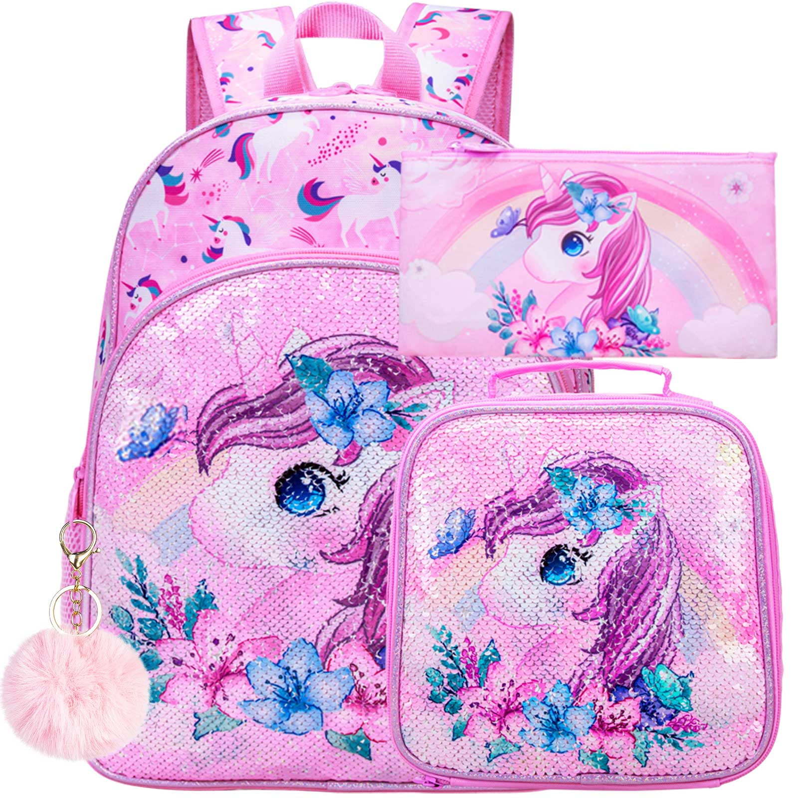 AGSDON 3PCS Unicorn Backpack for Girls, 16" Kids Sequin Bookbag with ...