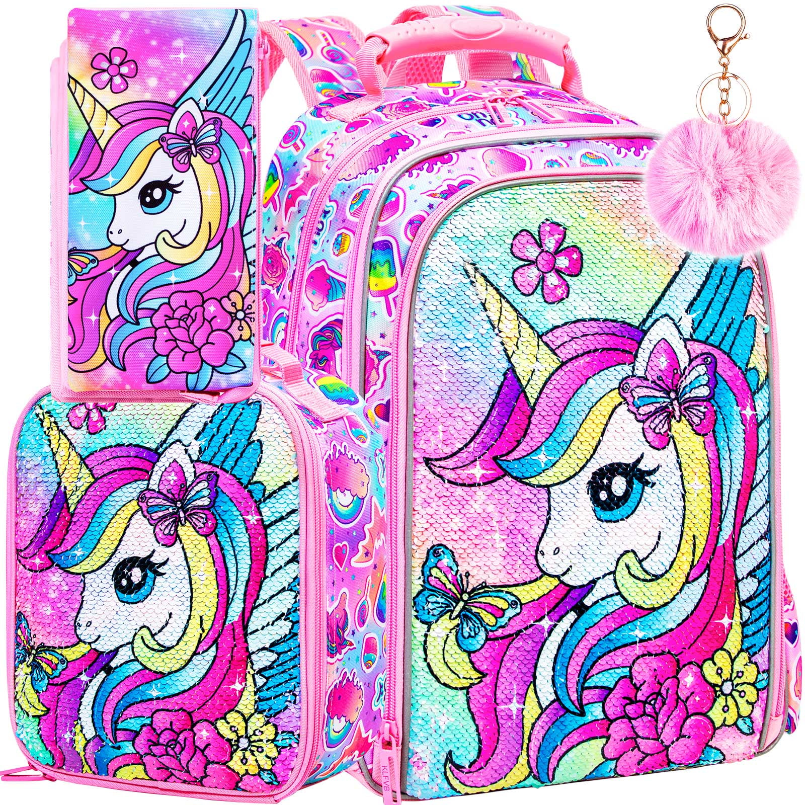 AGSDON 3PCS Unicorn Backpack for Girls, 16" Sequins Bookbag with Lunch ...