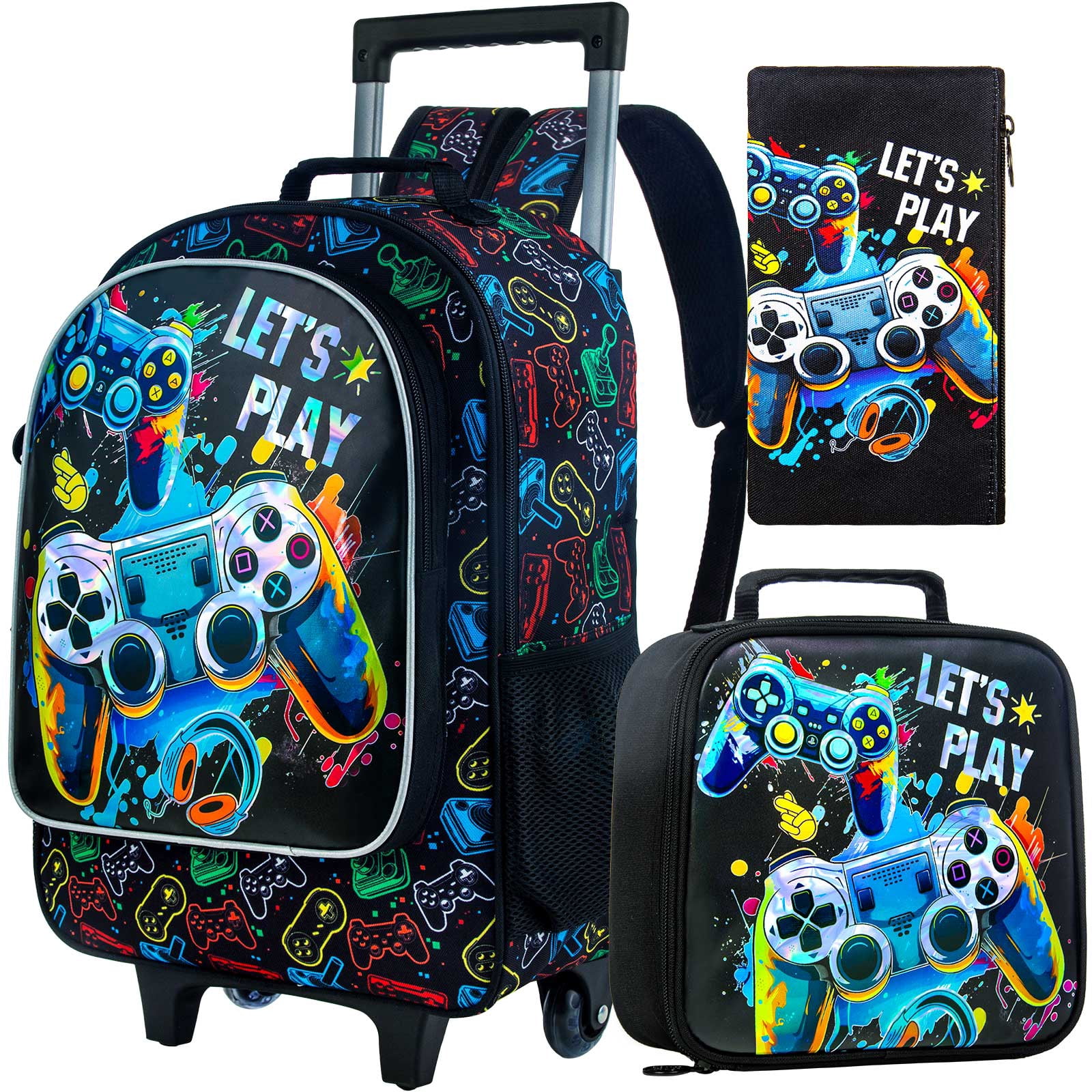 AGSDON 4PCS Boys Rolling Backpack, Cute Game Wheeled Bookbag, Roller ...