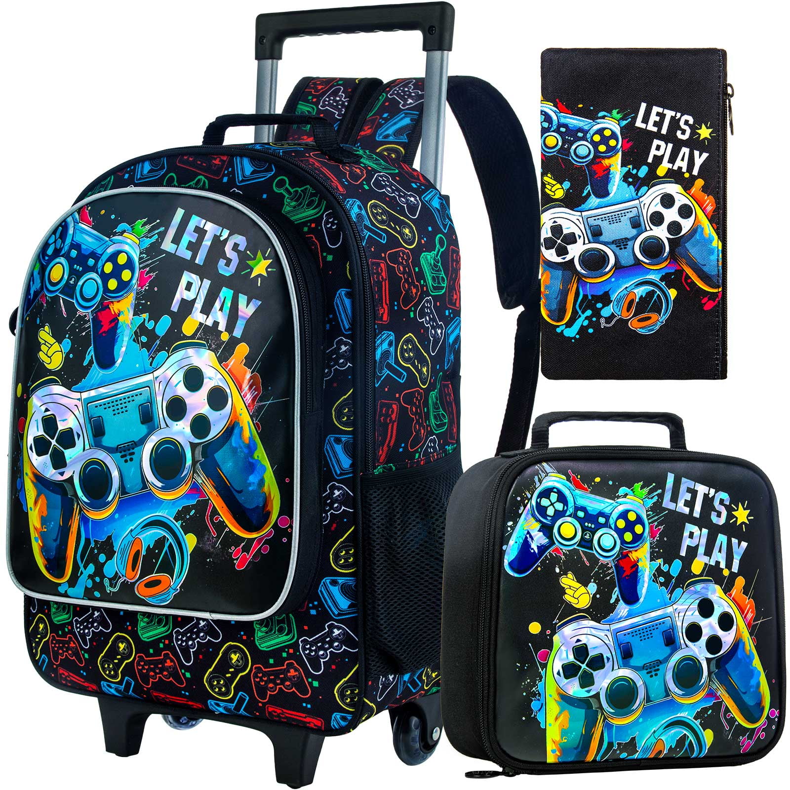 AGSDON 4PCS Boys Rolling Backpack, Cute Game Wheeled Bookbag, Roller ...