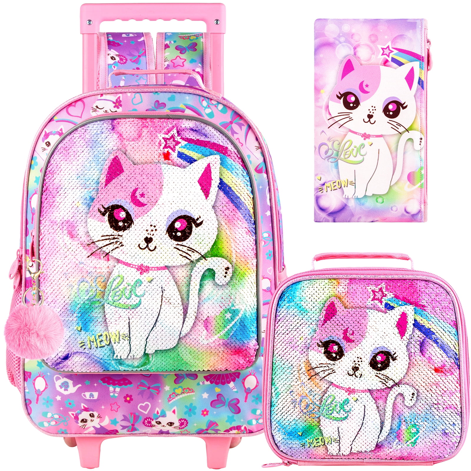 AGSDON 4PCS Kids Rolling Backpack for Girls, Cute Cat Sequin Wheeled ...