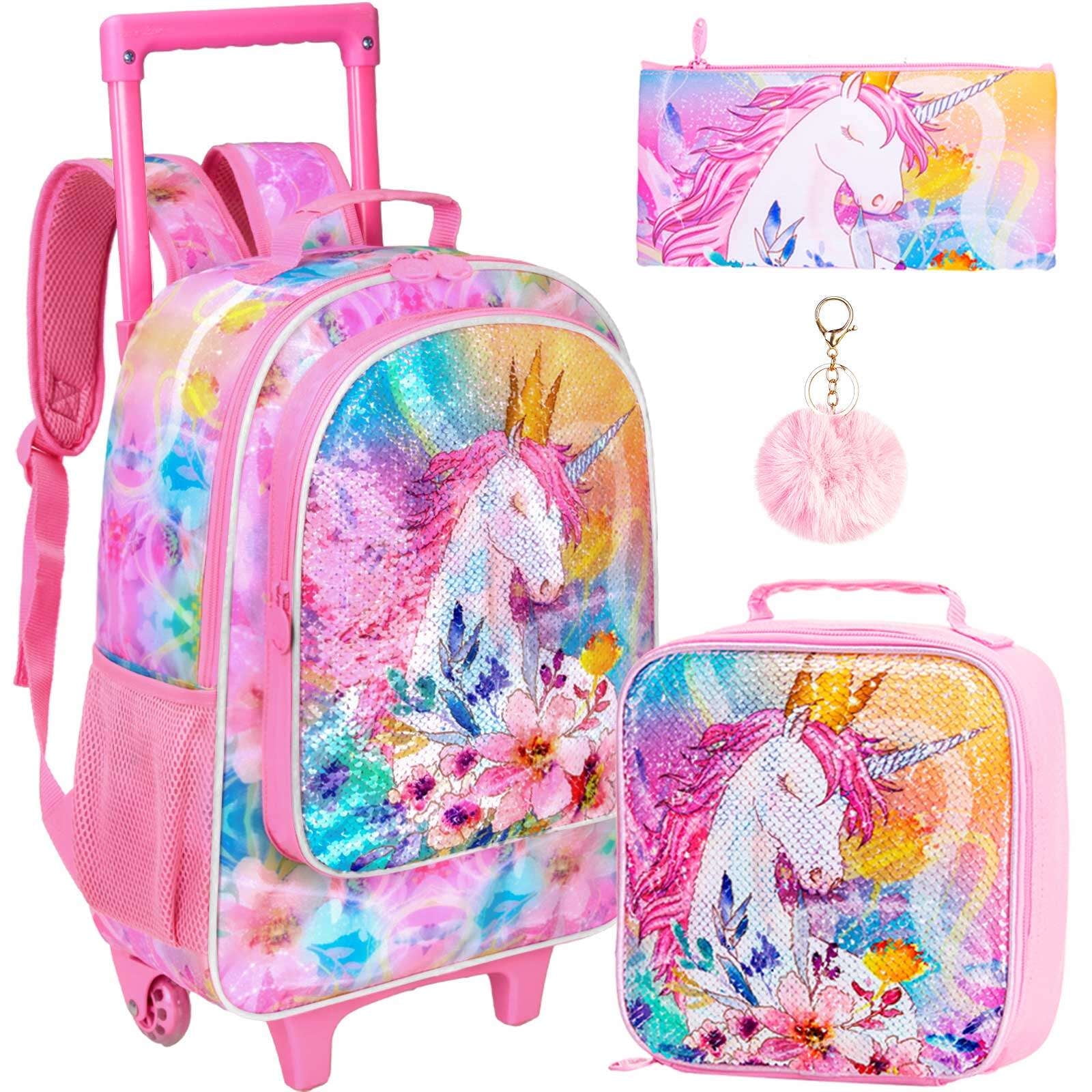 AGSDON 4PCS Kids Rolling Backpack for Girls, Unicorn Sequin Roller ...