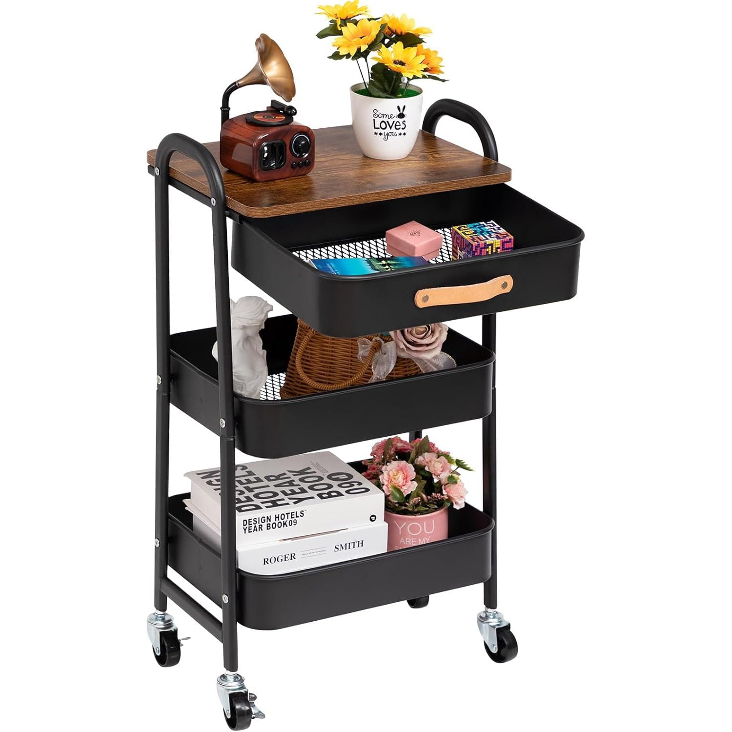 AGTEK Makeup Cart Movable Rolling Organizer Cart with Drawer, 3 Tier ...