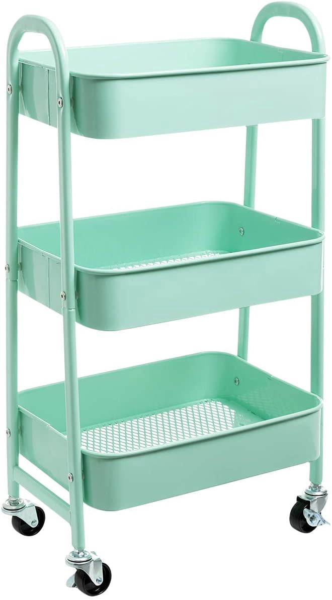 AGTEK Makeup Cart, Movable Rolling Organizer Cart, Macaron Blue 3 Tier ...