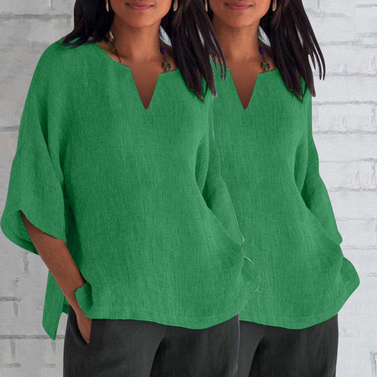 AGWOLF 2 Pack Cotton Linen Blouses for Women Oversized Three Quarter ...