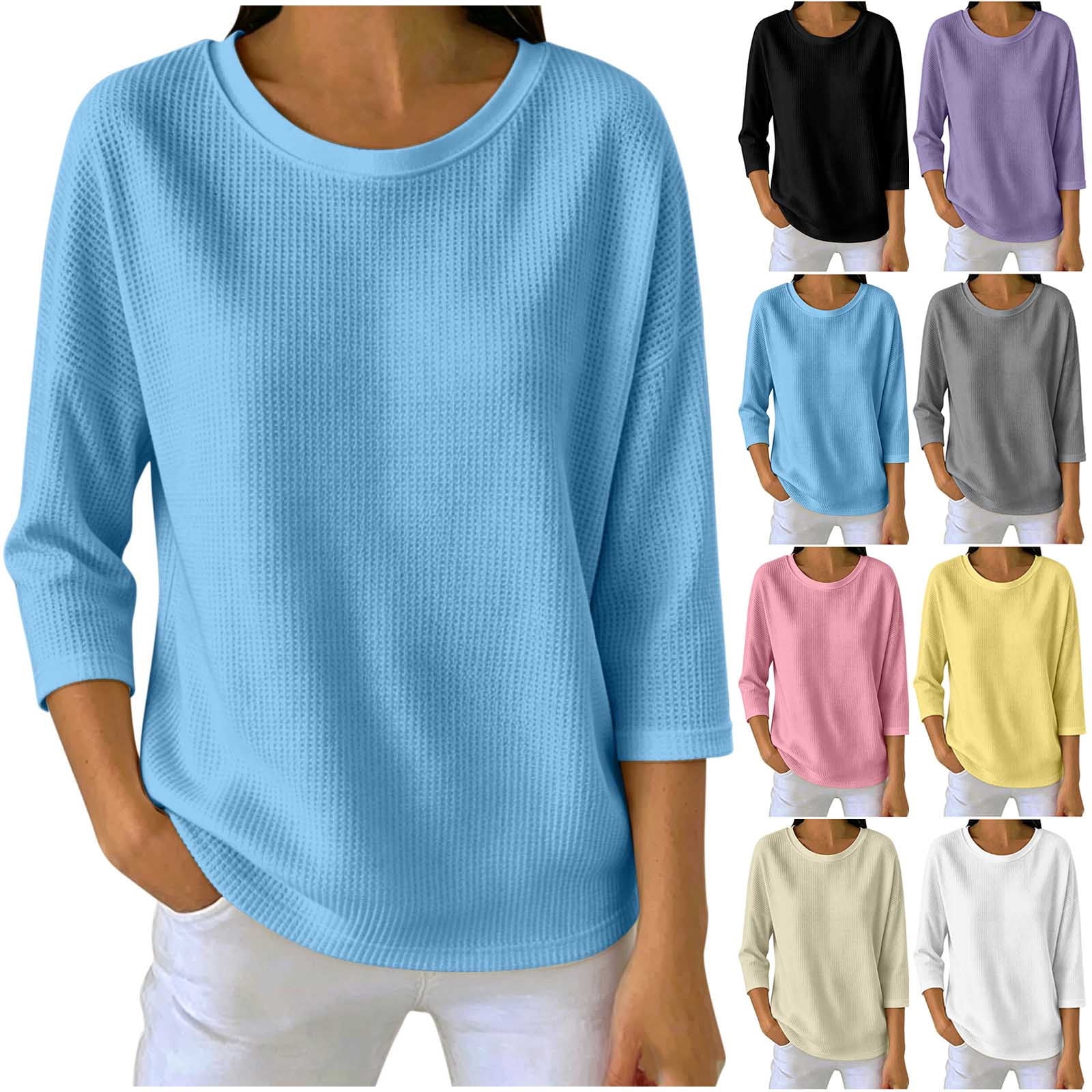 AGWOLF 3/4 Sleeve Women Tops Loose Fit Waffle Knit Crewneck T Shirts ...