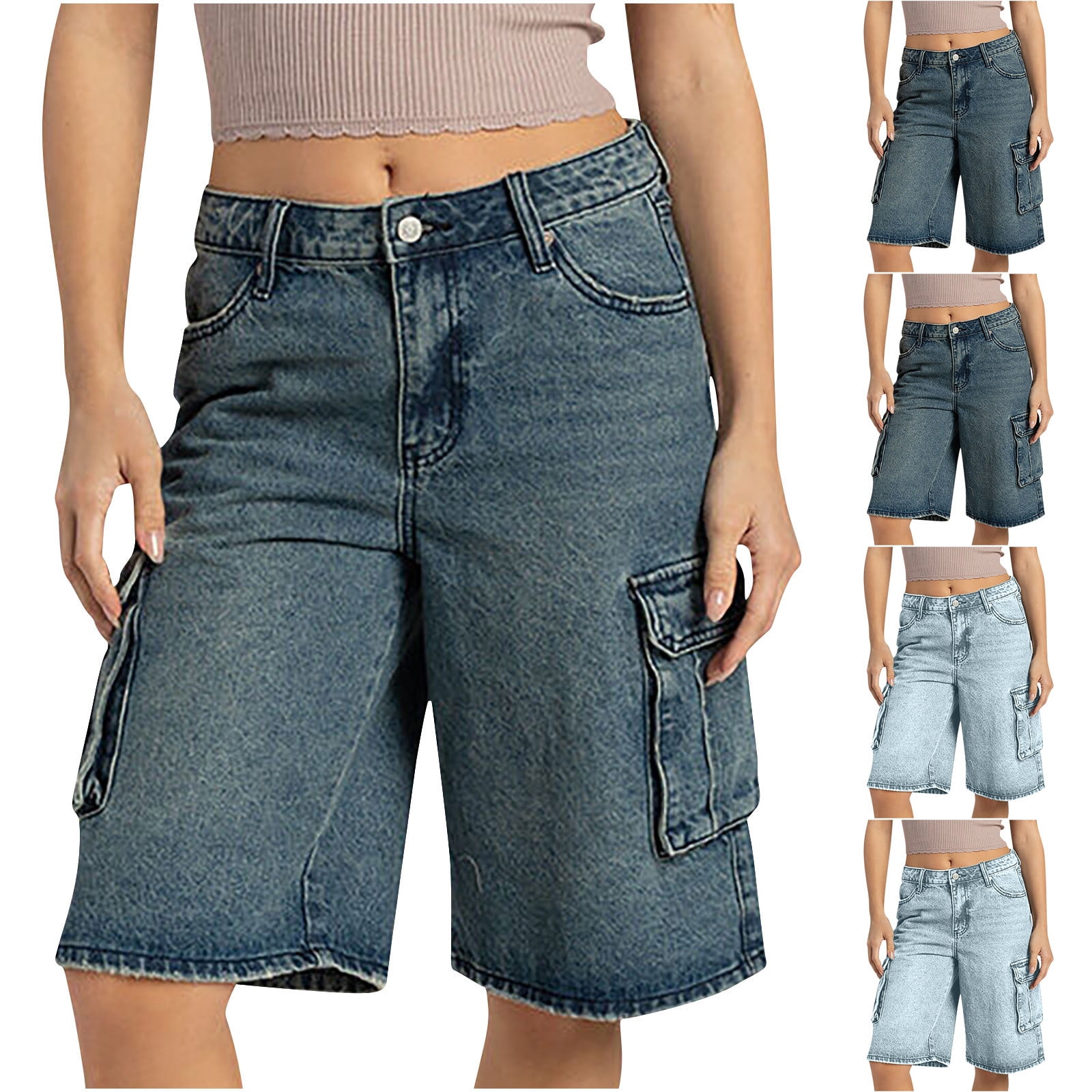 AGWOLF Bermuda Shorts for Women Knee Length Cargo Denim Shorts with ...