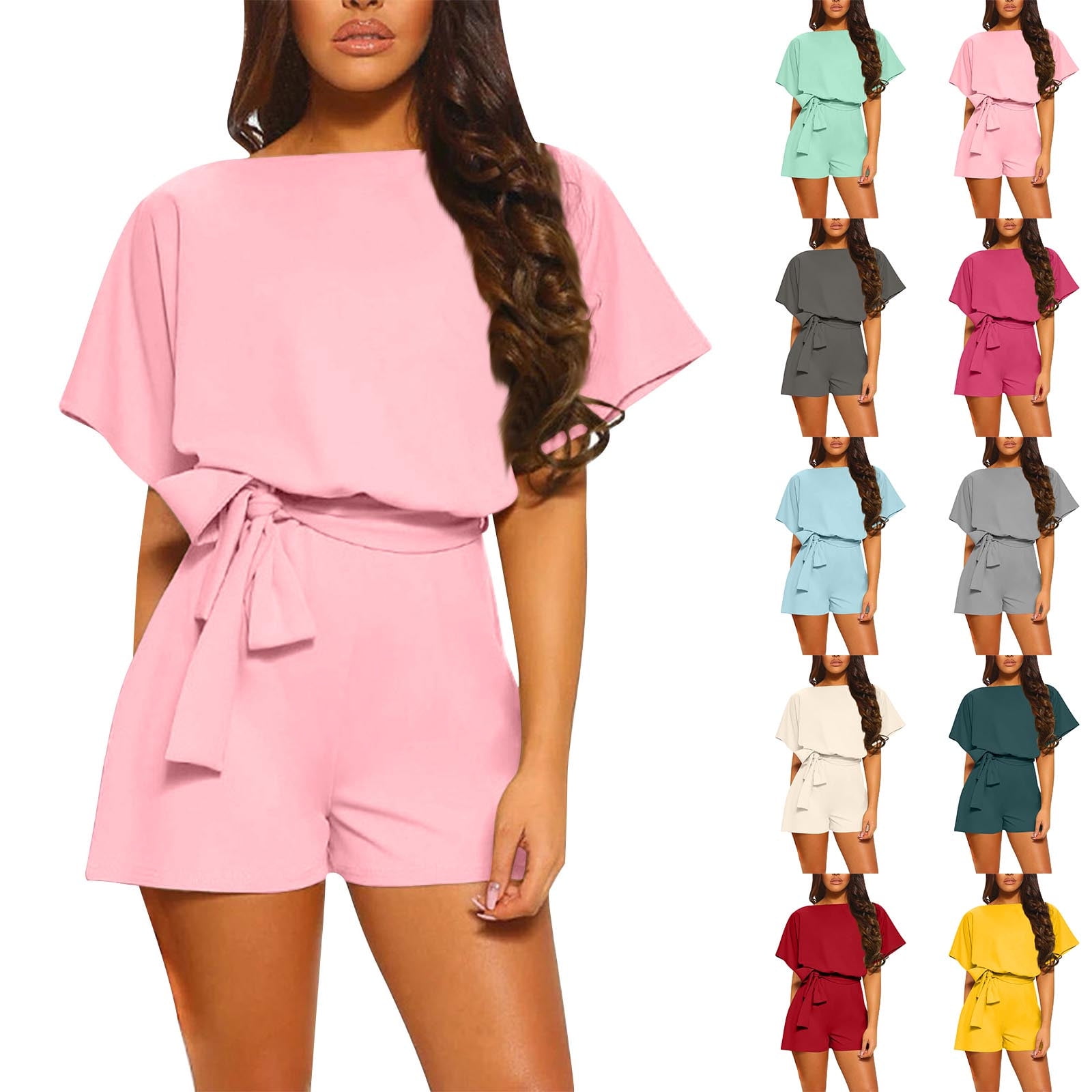 AGWOLF Bowknot Belt Jumpsuits for Women Short Sleeve Boat Neck One ...