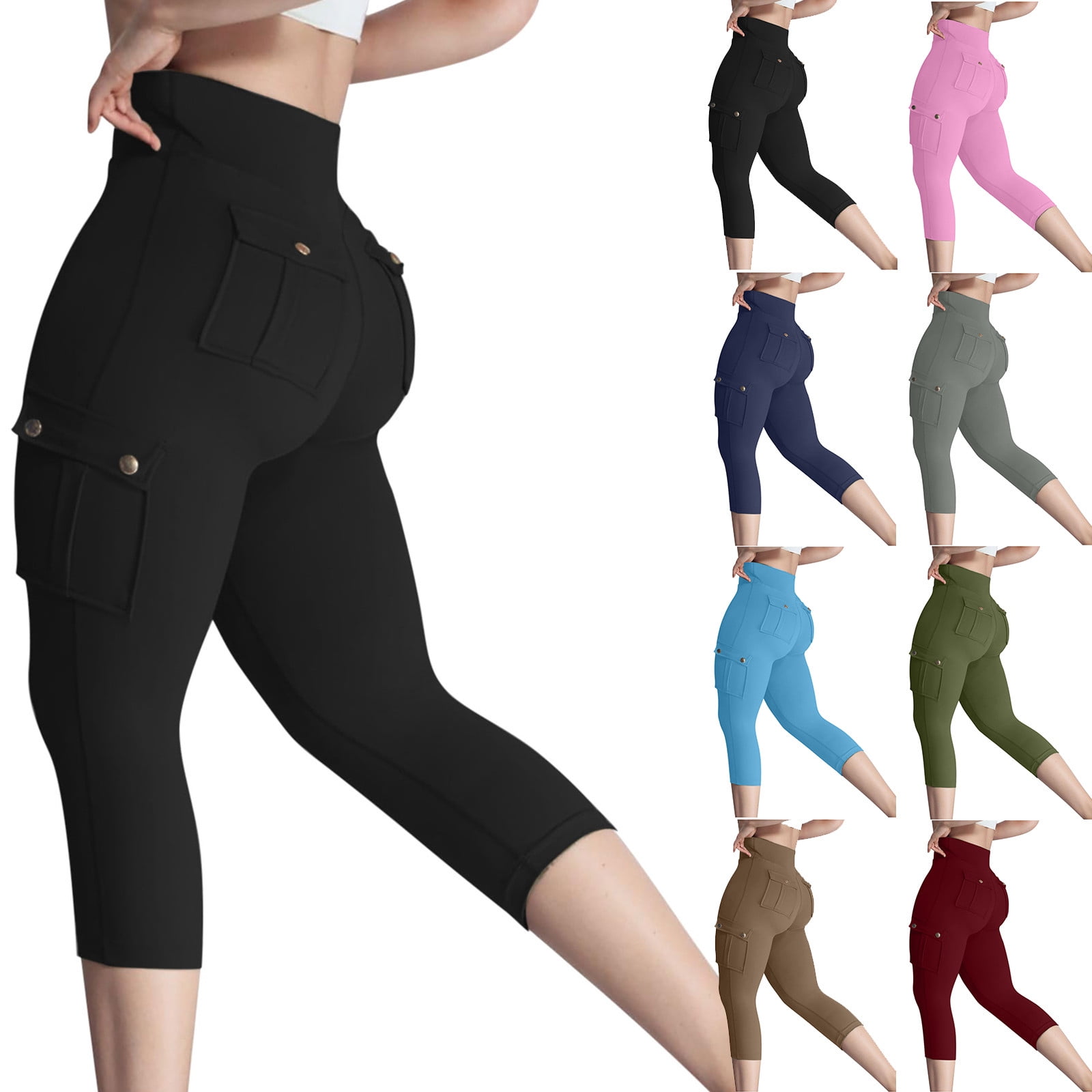 AGWOLF Cargo Capri Leggings with Pockets for Women High Waist Tummy ...