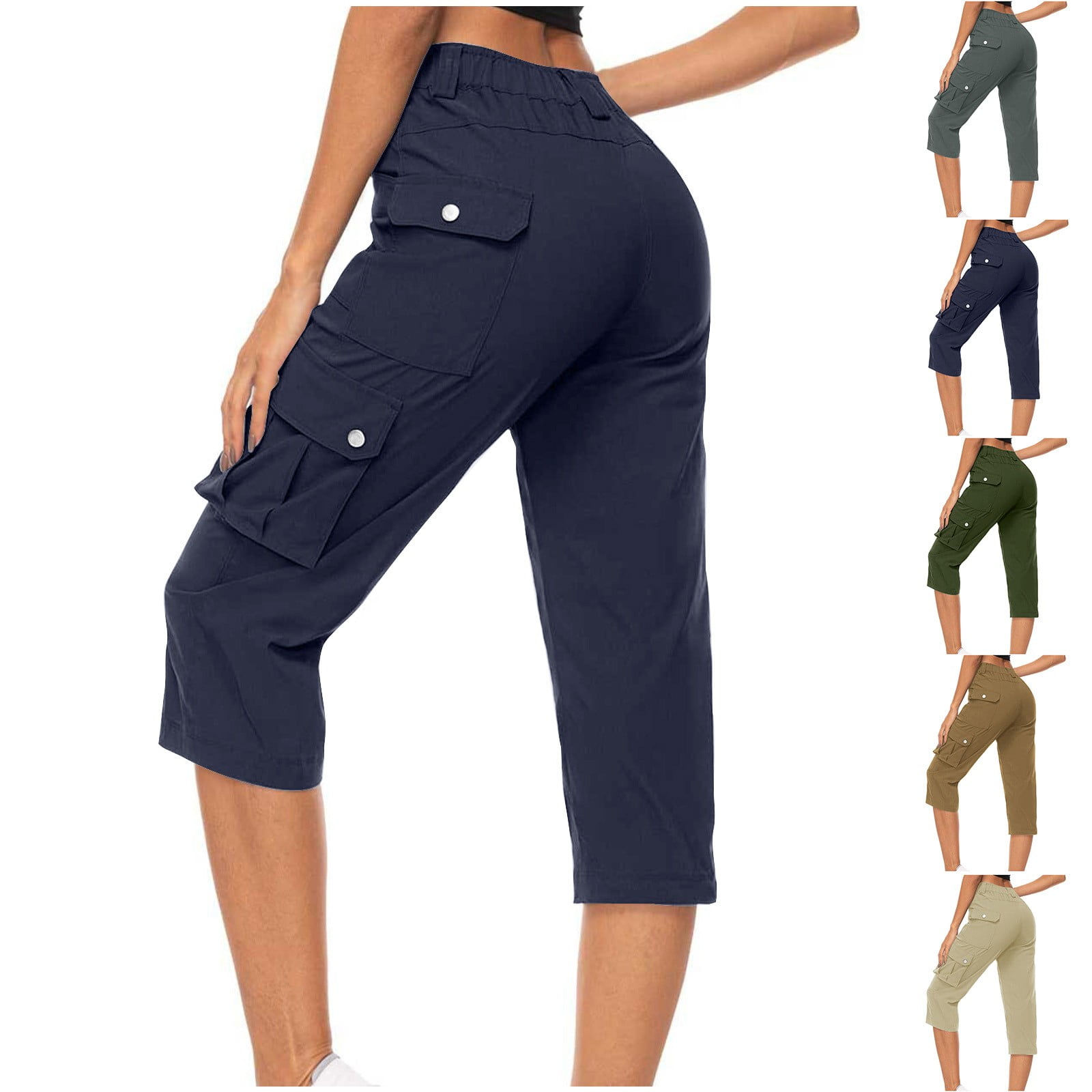 AGWOLF Cargo Capris for Women Casual Elastic Waist Capris Pants with Pockets Summer Lightweight ...