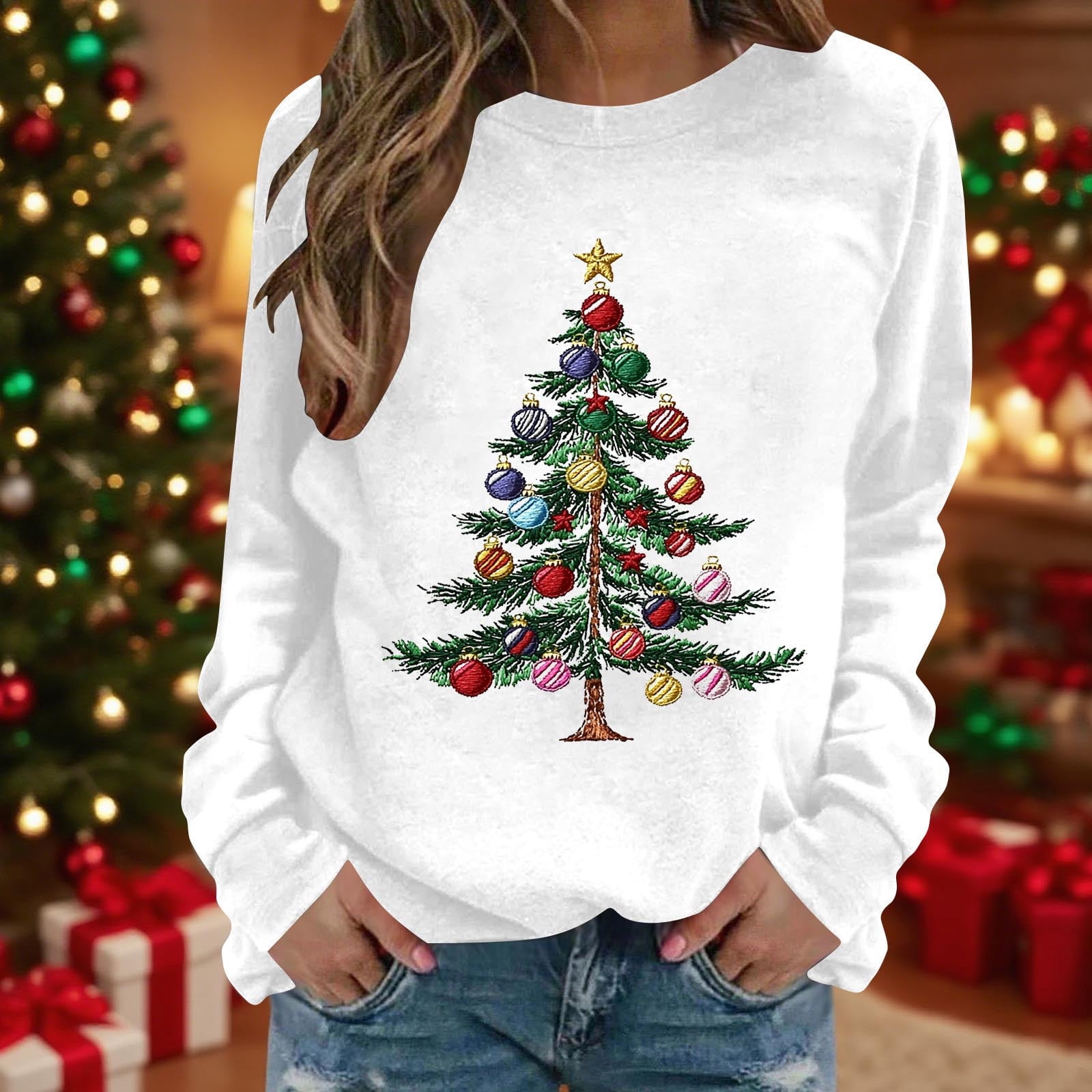 AGWOLF Christmas Shirts for Women Cute Christmas Tree Graphic Long ...