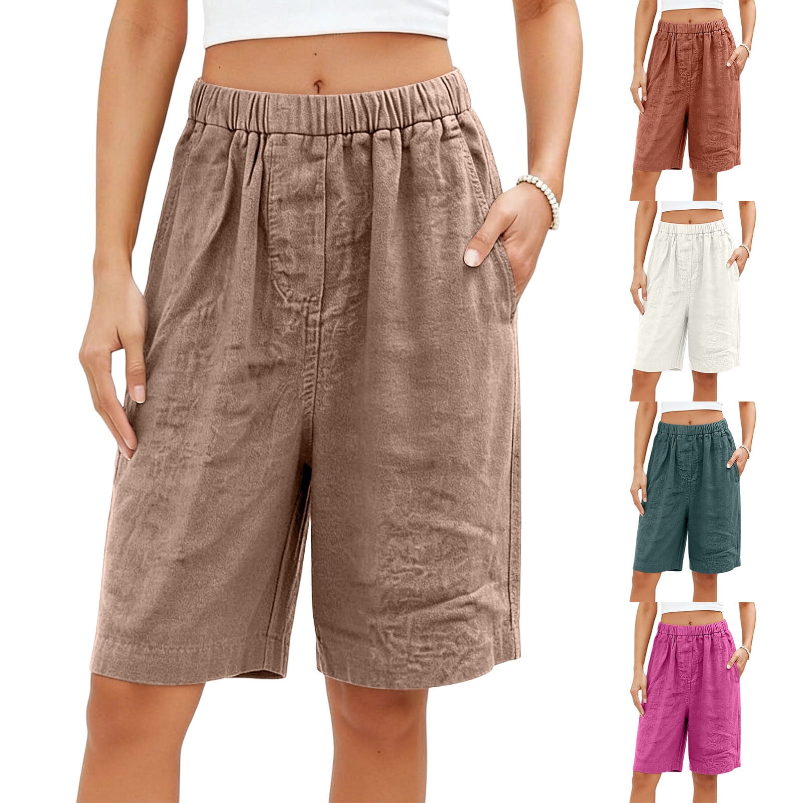 AGWOLF Cotton Linen Bermuda Shorts for Women Knee Length Wide Leg ...
