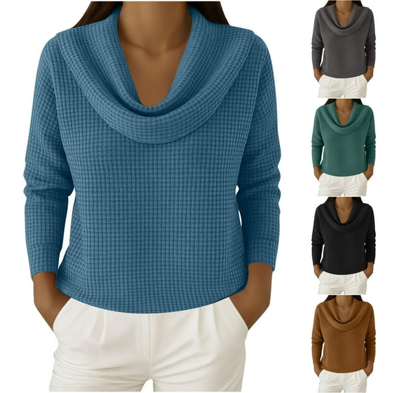 AGWOLF Cozy Sweaters for Women Waffle Knit Cowl Neck Jumper Long Sleeve ...
