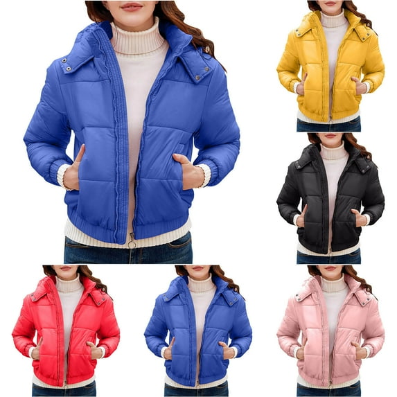 AGWOLF Cropped Puffer Jackets for Women Winter Warm Zip Up Coats Casual Long Sleeve Padded Coat ...