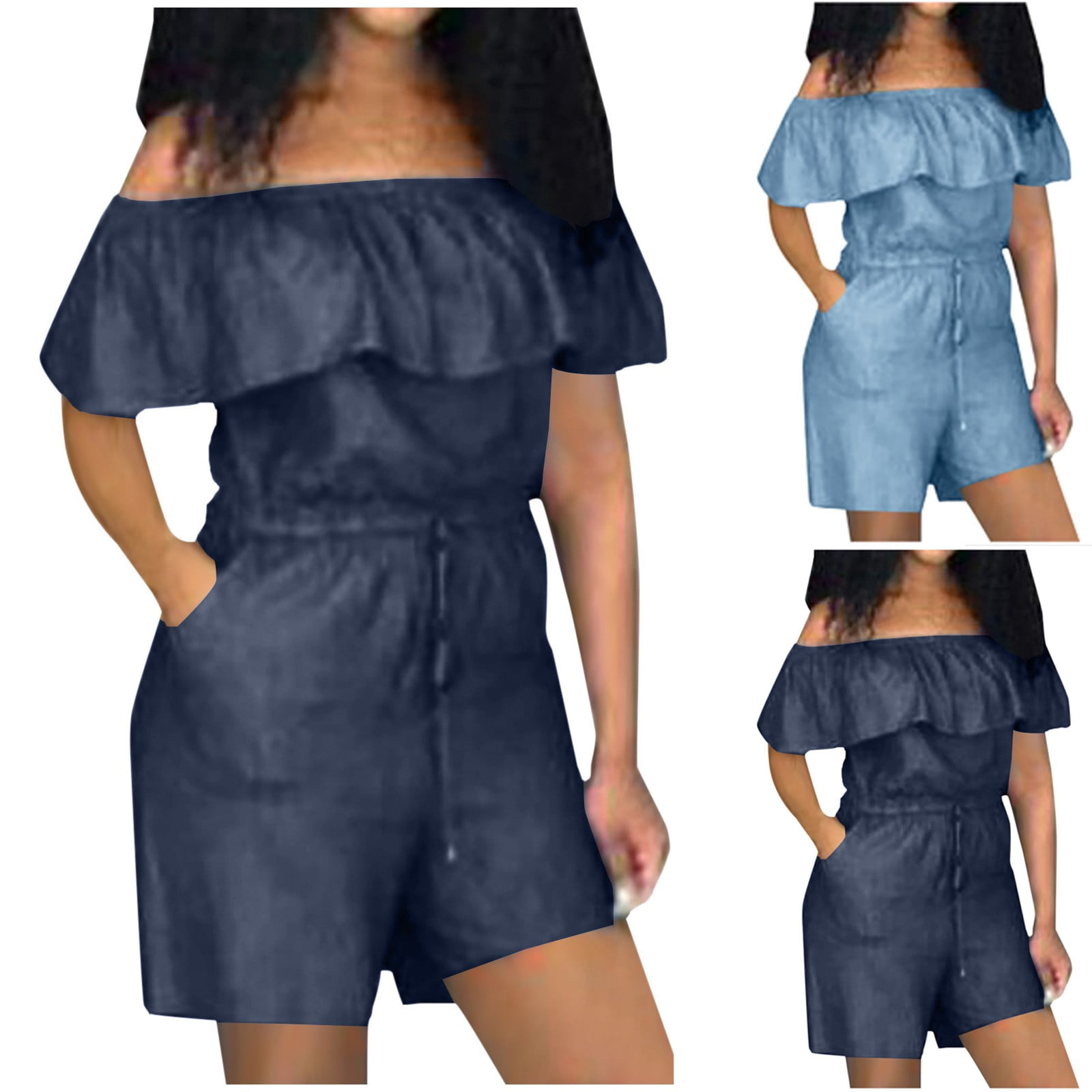 AGWOLF Denim Jumpsuits for Women Plus Size Off the Shoulder Ruffle ...