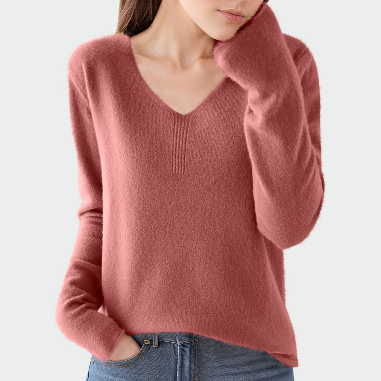 AGWOLF Fall Sweaters for Women Cozy V Neck Knit Pullover Fuzzy ...