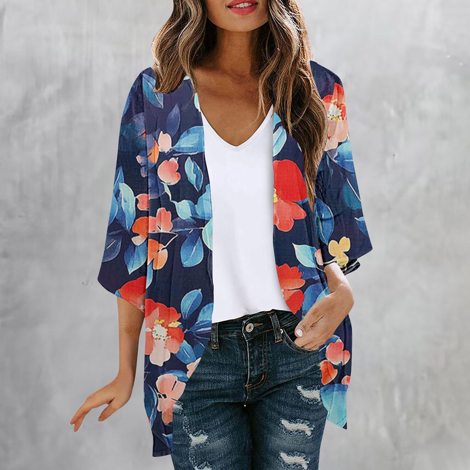 AGWOLF Kimonos for Women 3/4 Sleeve Loose Kimono Cardigan Casual Open ...