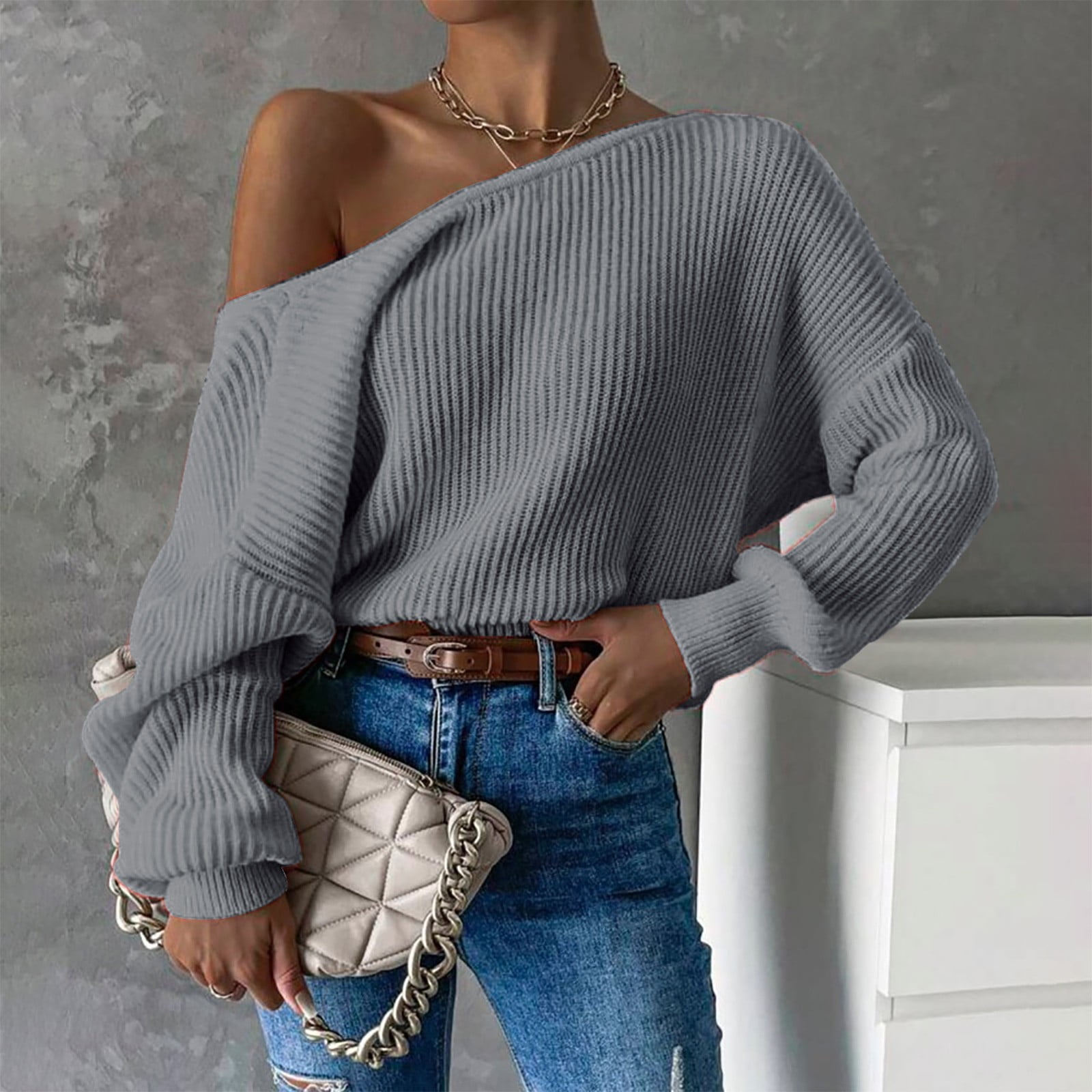 AGWOLF Lantern Long Sleeve Sweater Trendy Off the Shoulder Ribbed Knit ...