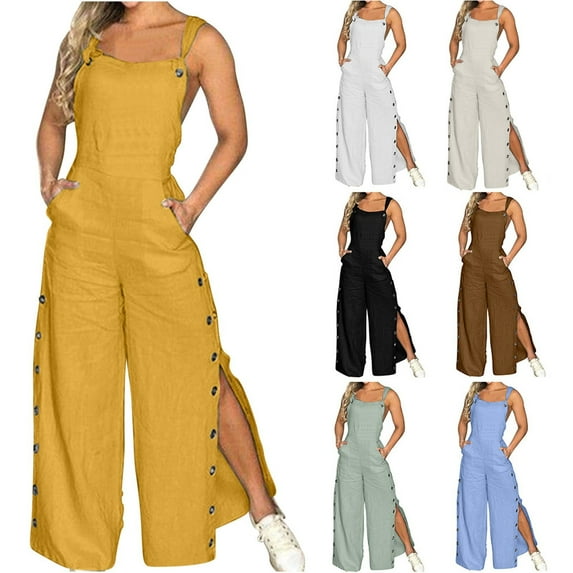 AGWOLF Linen Overalls for Women Baggy Wide Leg Side Split Button ...