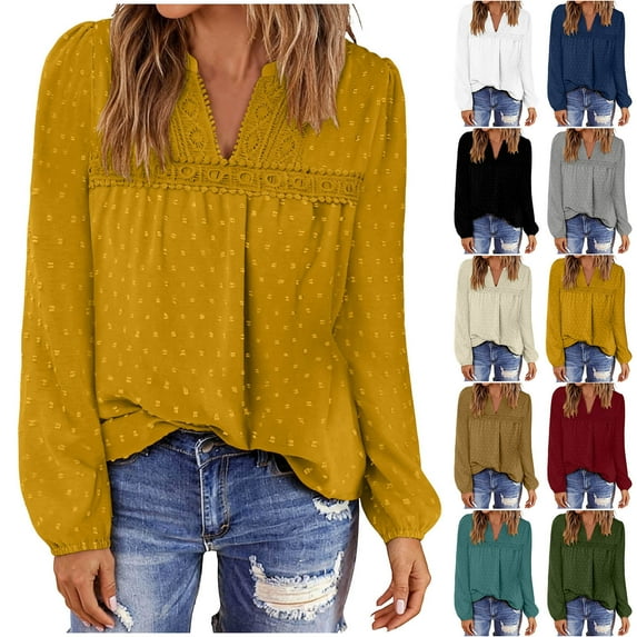 AGWOLF Long Sleeve Shirts for Women V Neck Boho Tops Swiss Dot Dressy ...